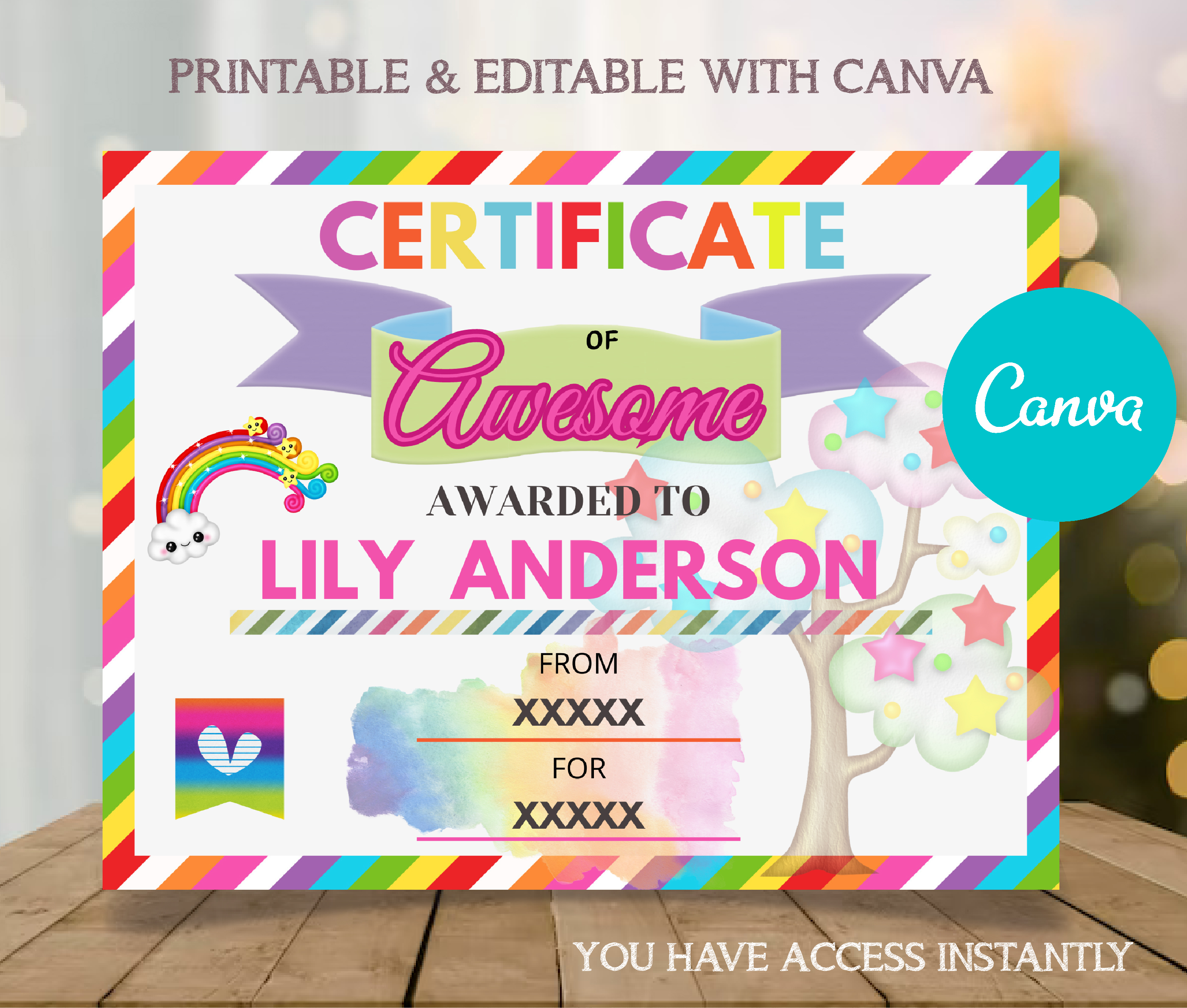 EDITABLE IN CANVA Certificate of Awesome Rainbow Digital | Inspire Uplift