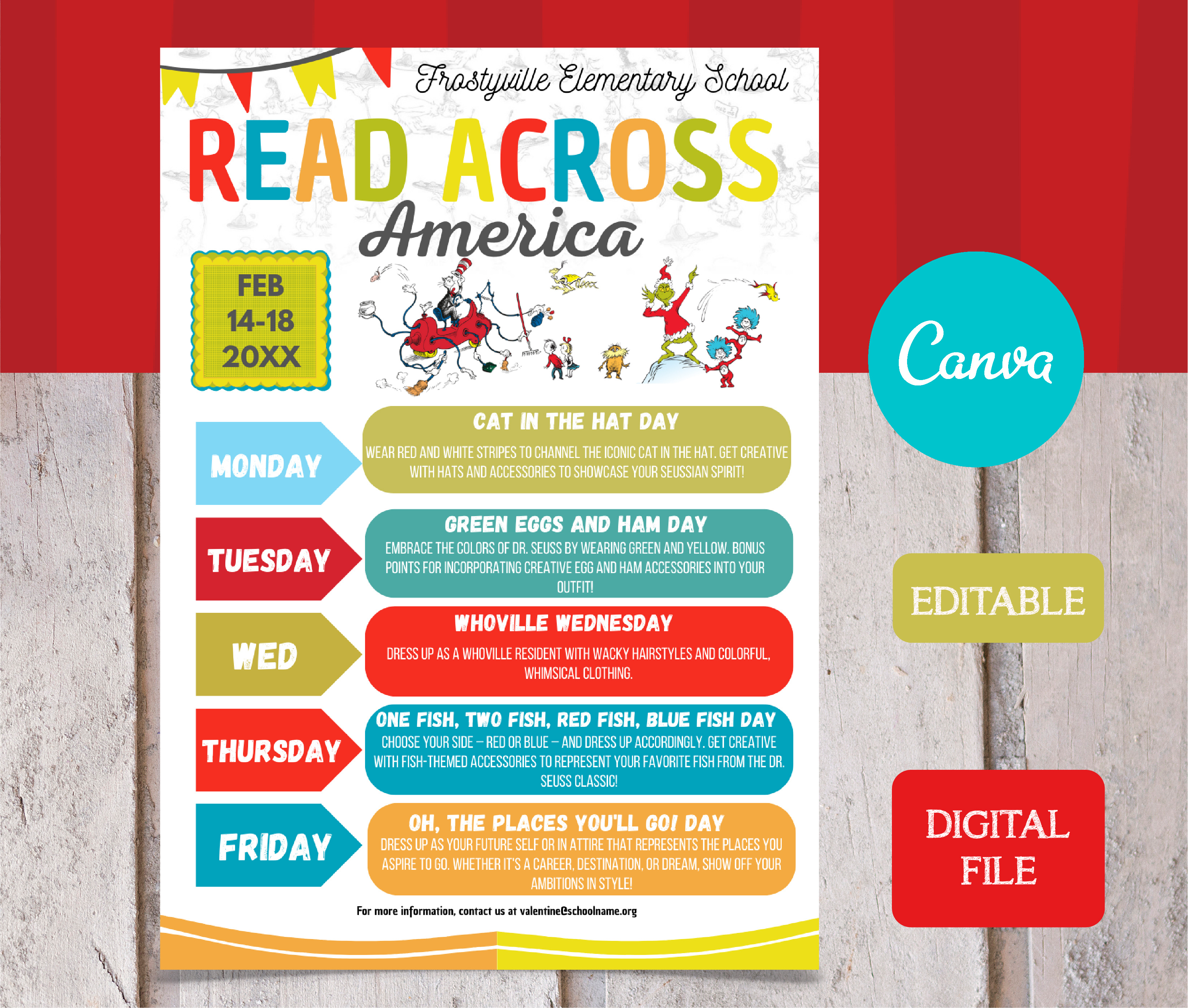 EDITABLE Read Across America Spirit Week Flyer, PTO School S | Inspire ...