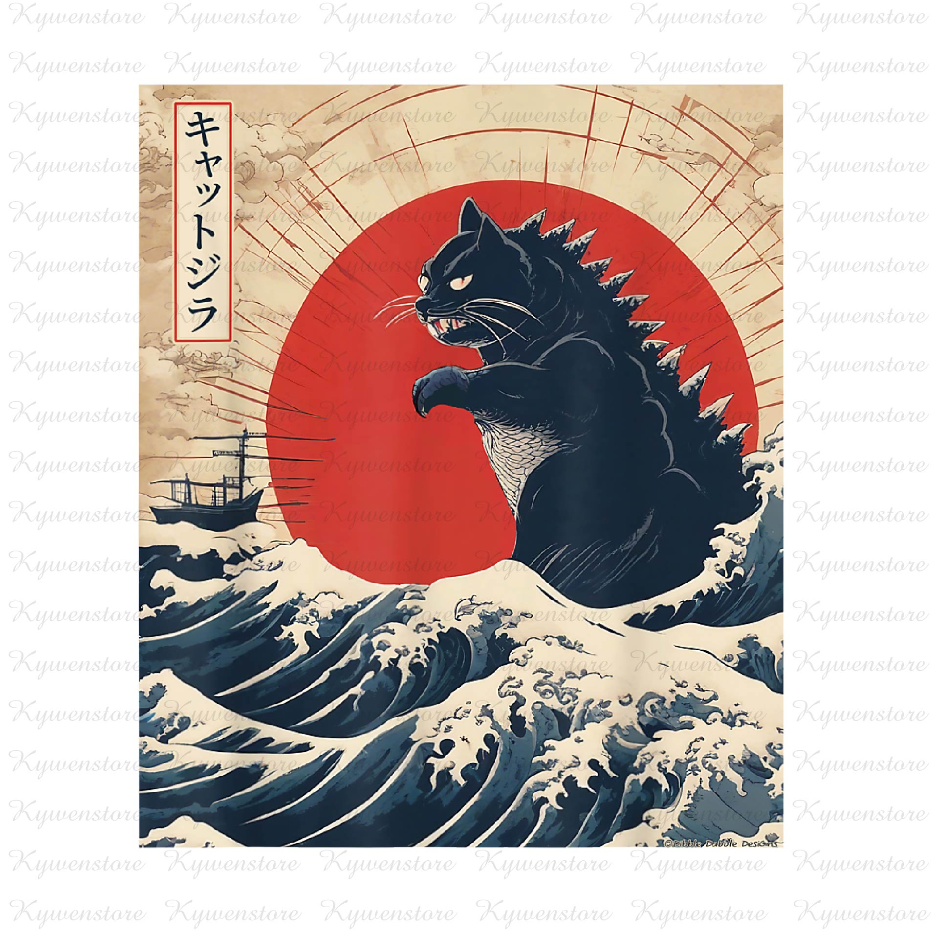 Funny Cat Kaiju Japanese Sunset Vintage Catzilla Great Wave | Inspire ...