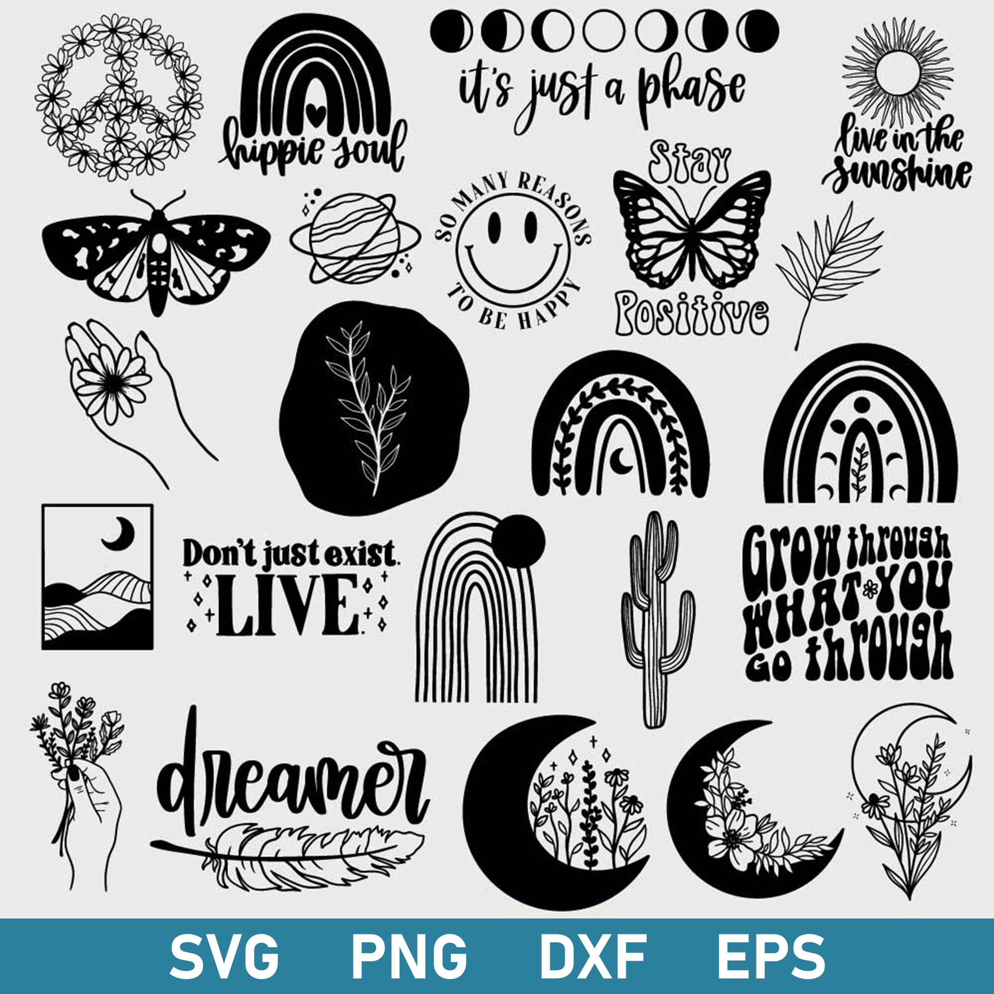 Hippie Svg, Boho Svg, Floral Moon, Rainbow SVg, Flower Piece - Inspire ...