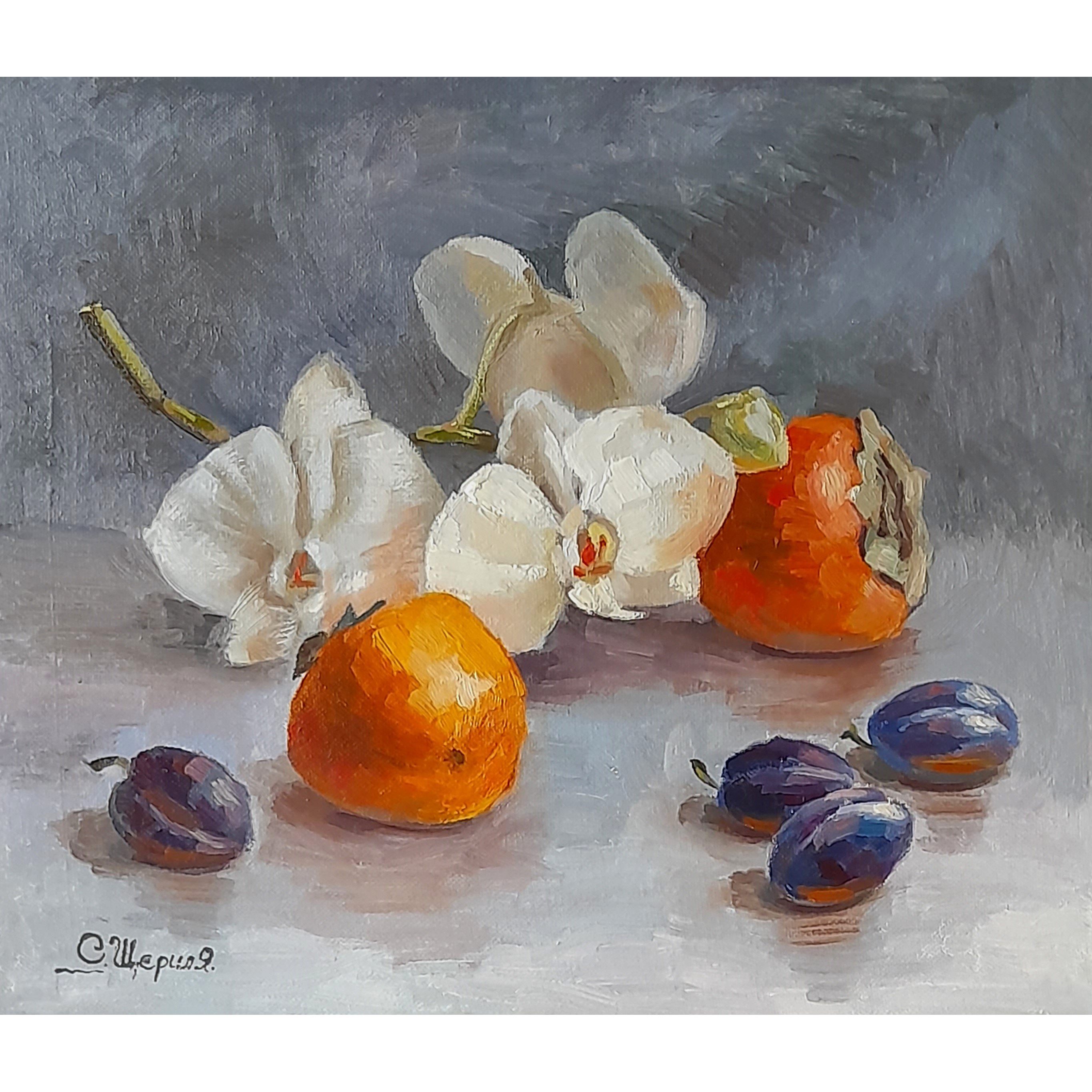 Floral Author's Painting Persimmon and Orchid, Original Art | Inspire ...