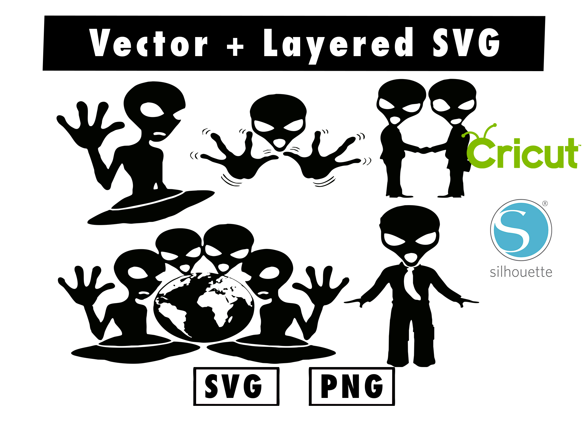 Silhouettes of aliens svg and png files for cricut machine , | Inspire ...