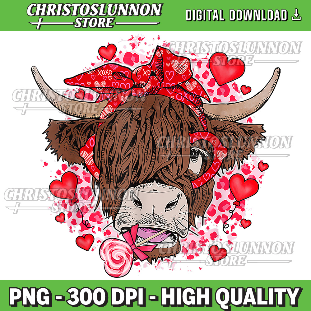 Cute Xoxo Highland Cow Heifer Western Valentines Day Png, He | Inspire ...