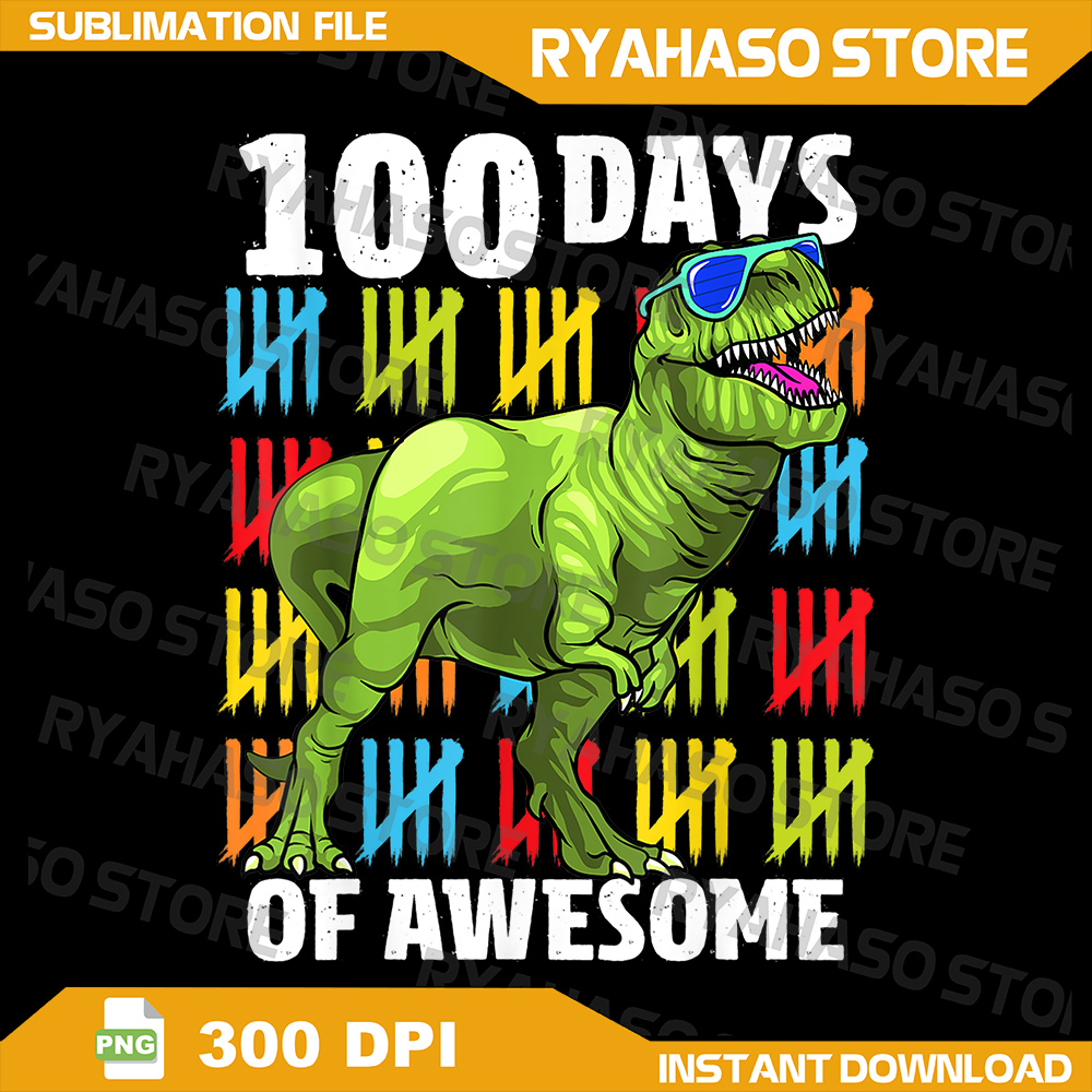 100 Days of School Dinosaur T-Rex Dino Kids Boys Png, 100th | Inspire ...