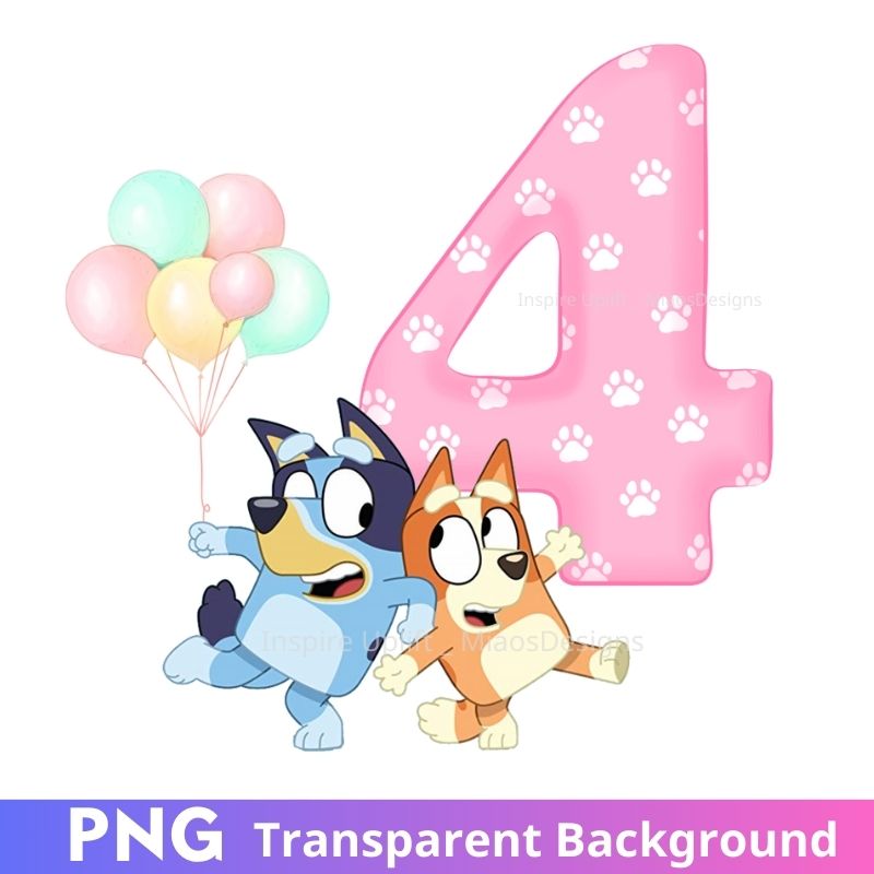 Bluey Girl 4th Birthday Four PNG Transparent Image | Inspire Uplift