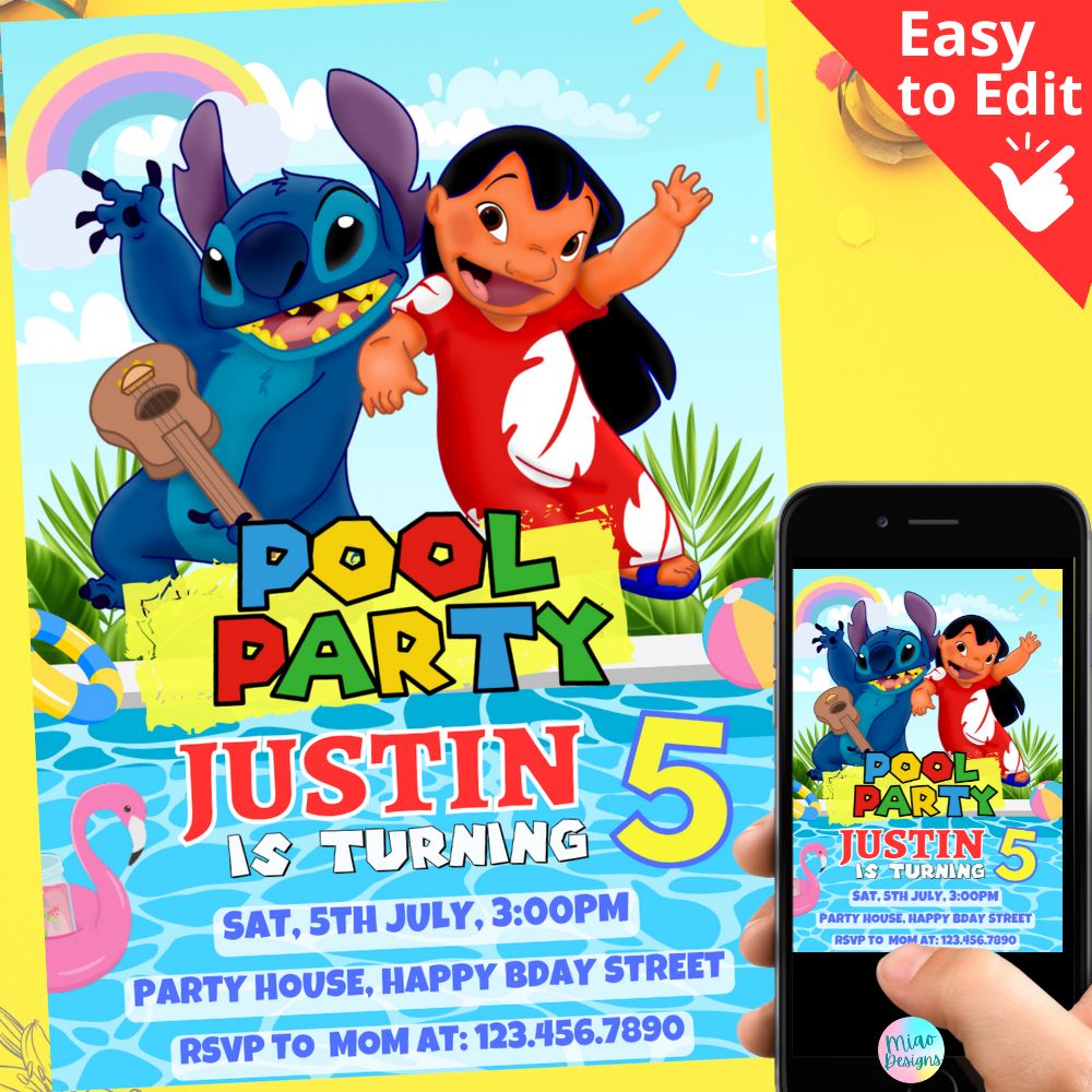 Lilo and Stitch Pool Party Birthday Invitation Template - Inspire Uplift