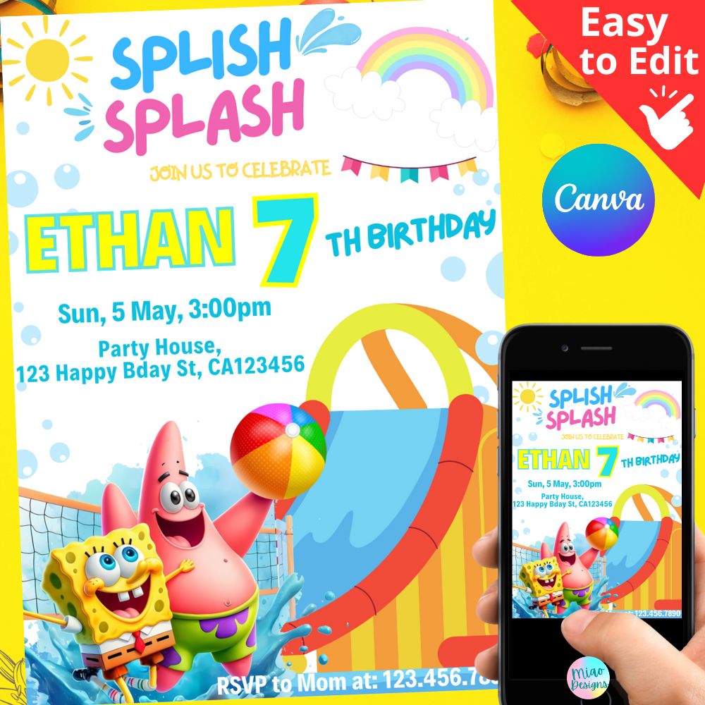 Spongebob and Patrick Pool Party Waterslide Birthday Invitat | Inspire Uplift