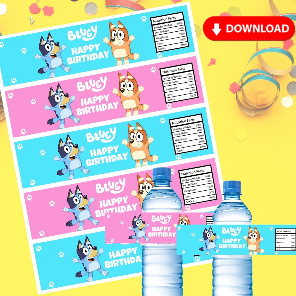 Bluey Birthday Water Bottle Labels Printable | Inspire Uplift