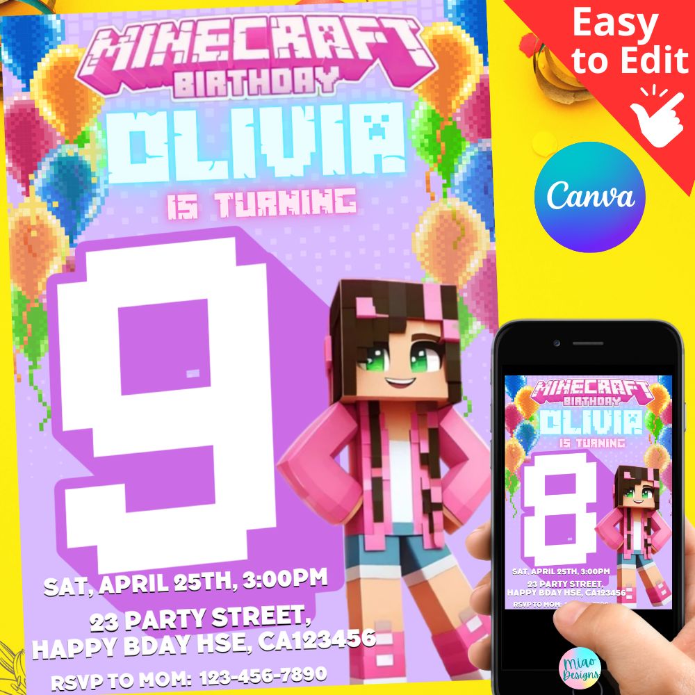 Minecraft Girls 9th Birthday Invitation Template | Inspire Uplift