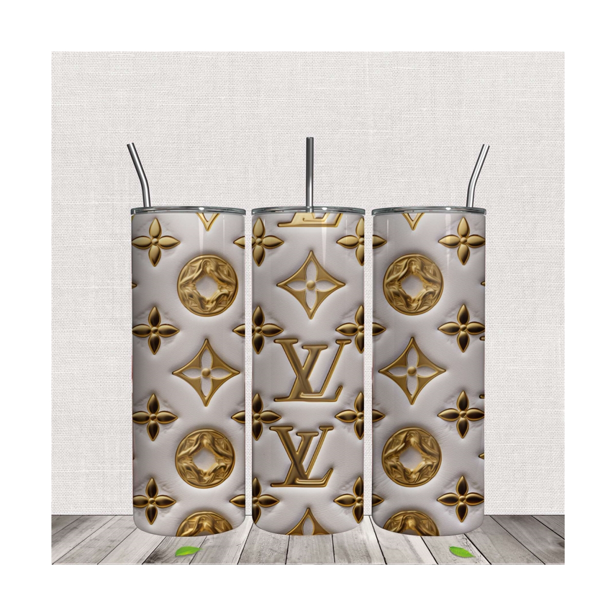3D White Gold Luxury LV Skinny Tumbler PNG | Inspire Uplift