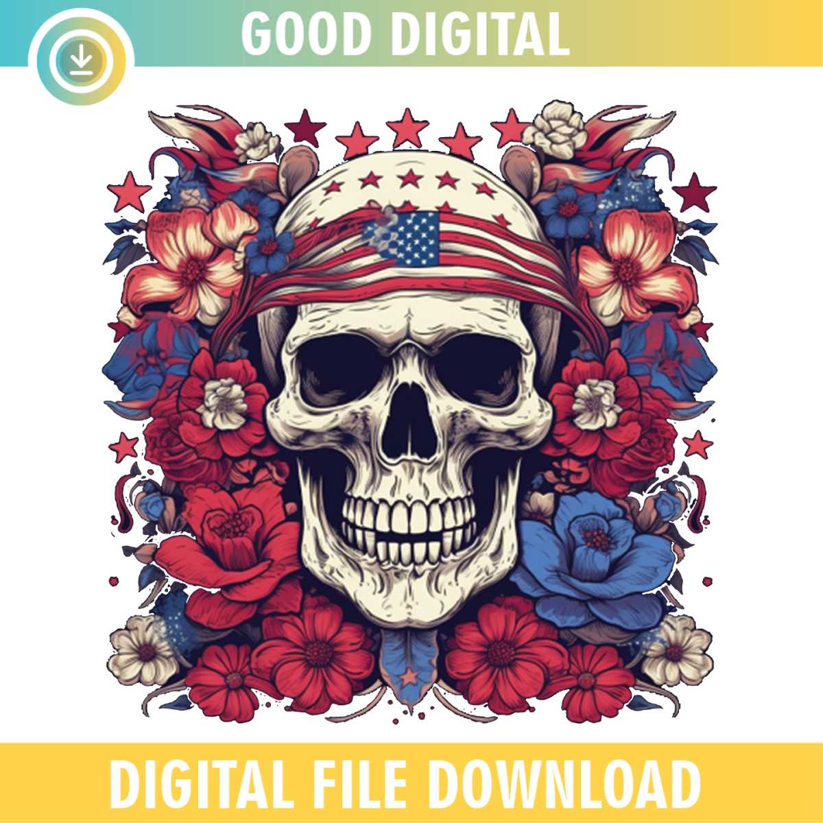American Flag Skull With Flower 4th Of July SVG | Inspire Uplift