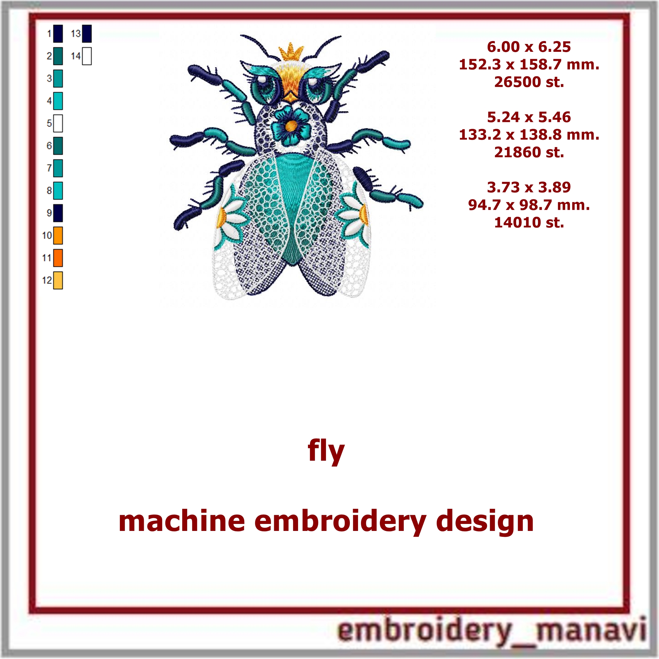 Machine embroidery design colored Fly - Embroidery Manavi 05 | Inspire ...