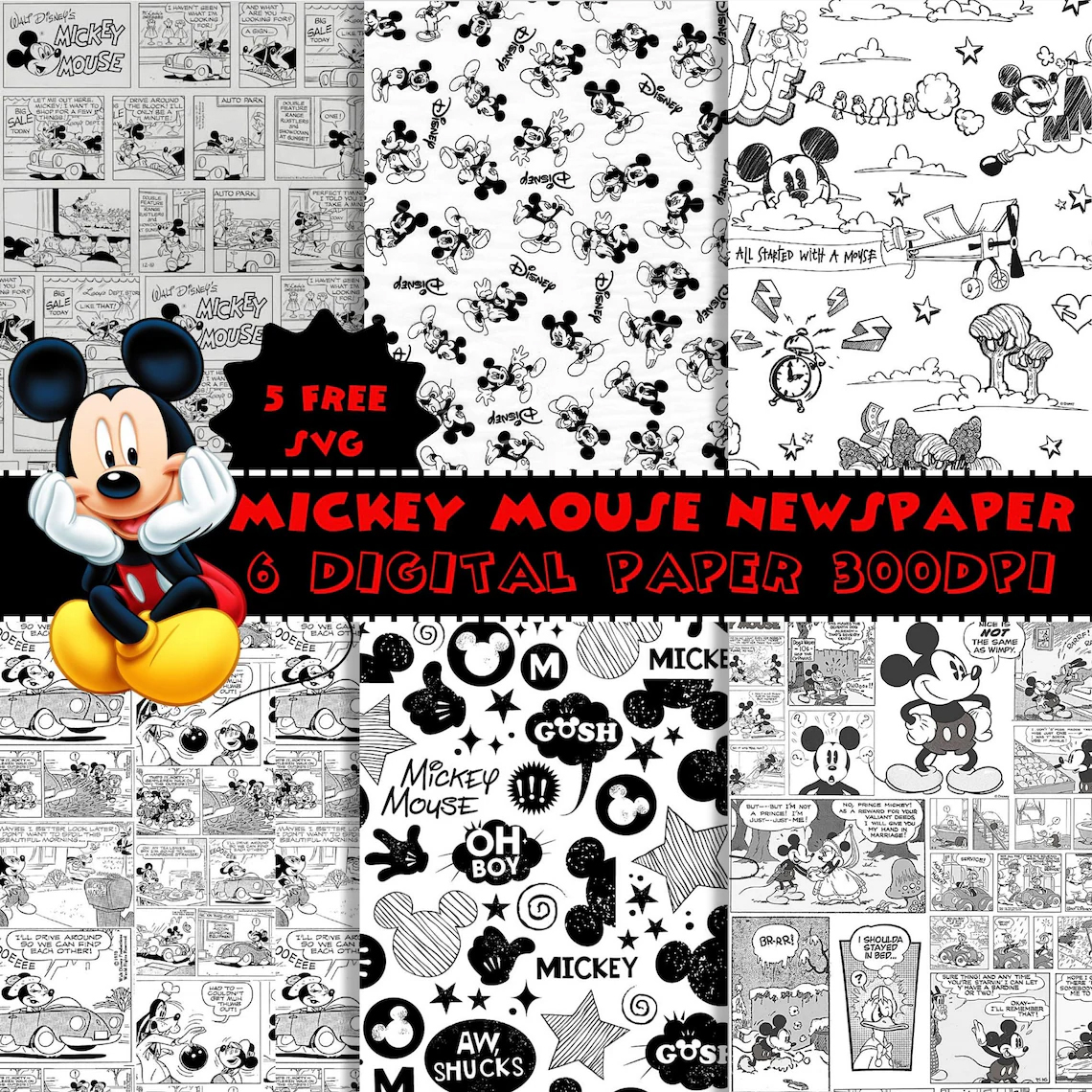 Mickey Newspaper Png, Digital papers Png, Disney texture bac | Inspire ...