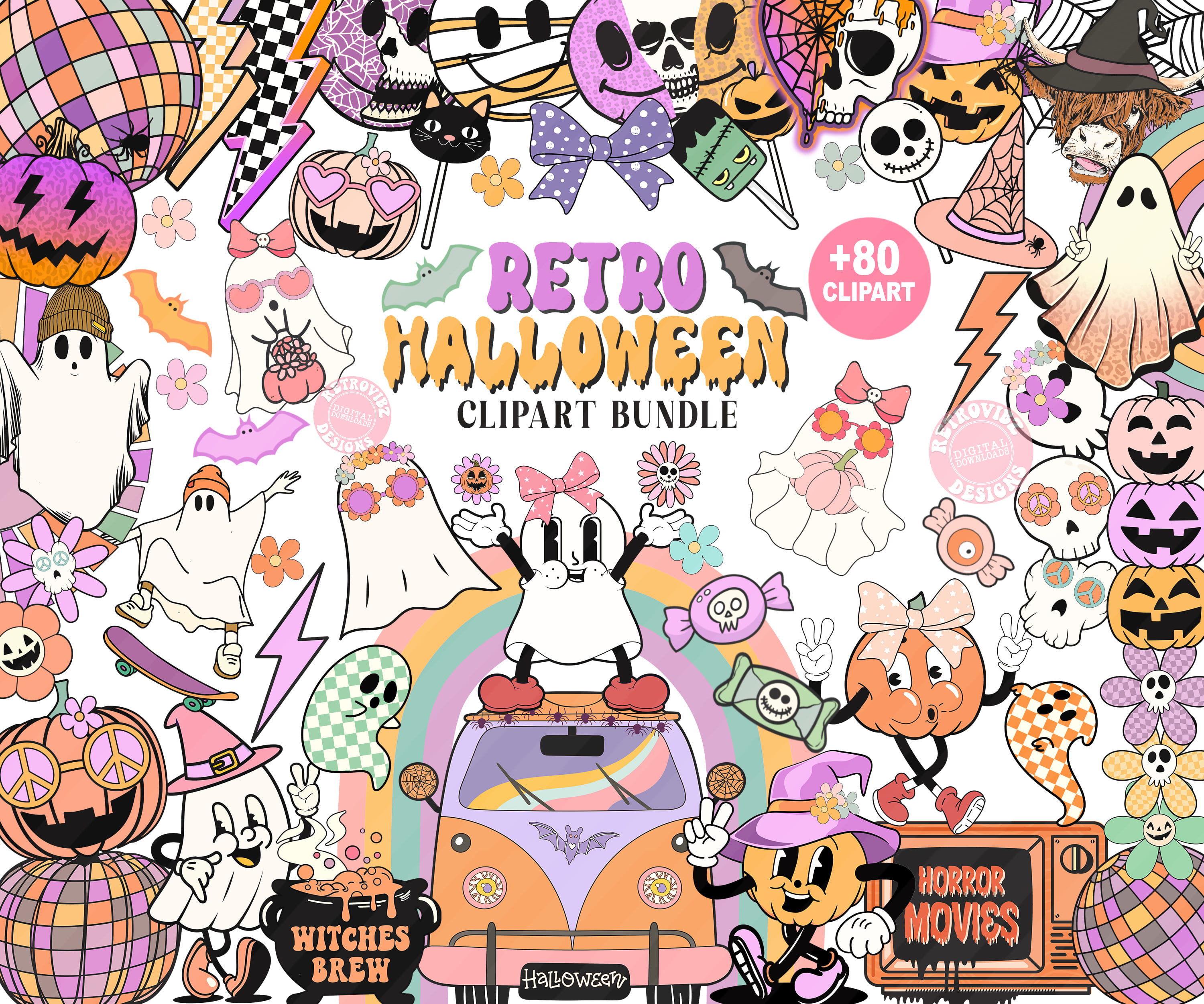 Retro Halloween Clipart Bundle, Halloween Ghost png Bundle | Inspire Uplift