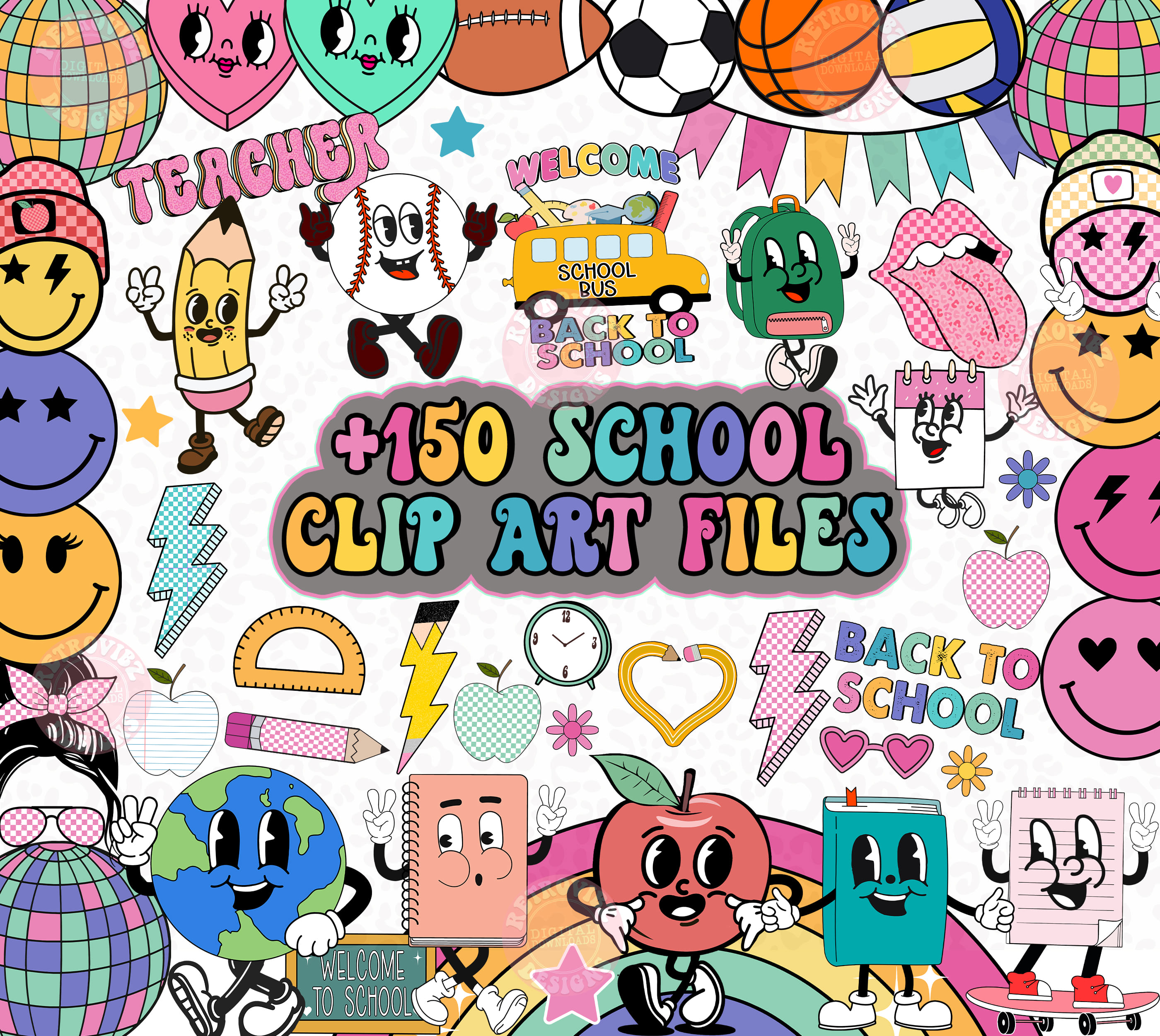 Retro School Clipart Bundle, Teacher Clipart Png Bundle | Inspire Uplift