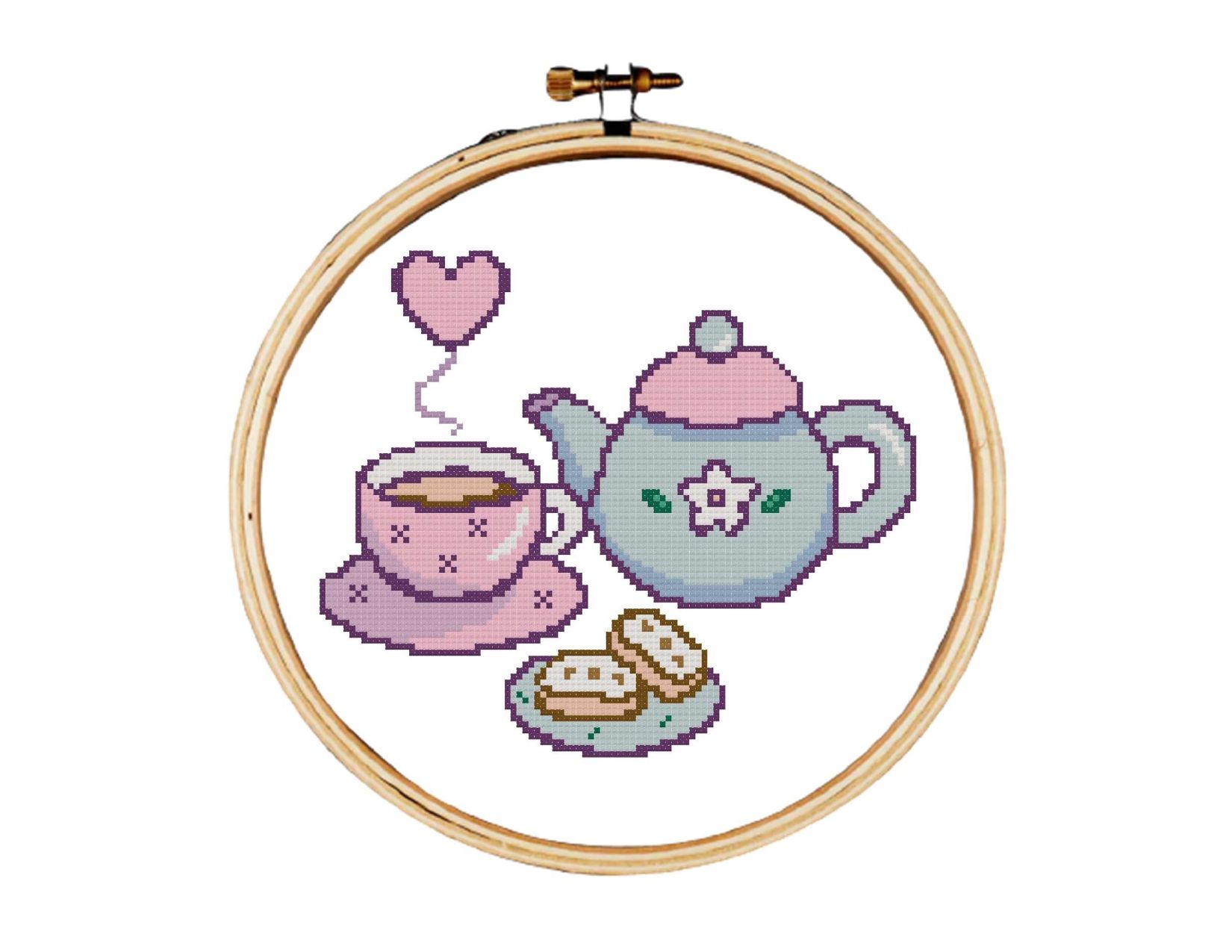 Teatime cross stitch pattern, Tea time cross stitch pattern, | Inspire Uplift