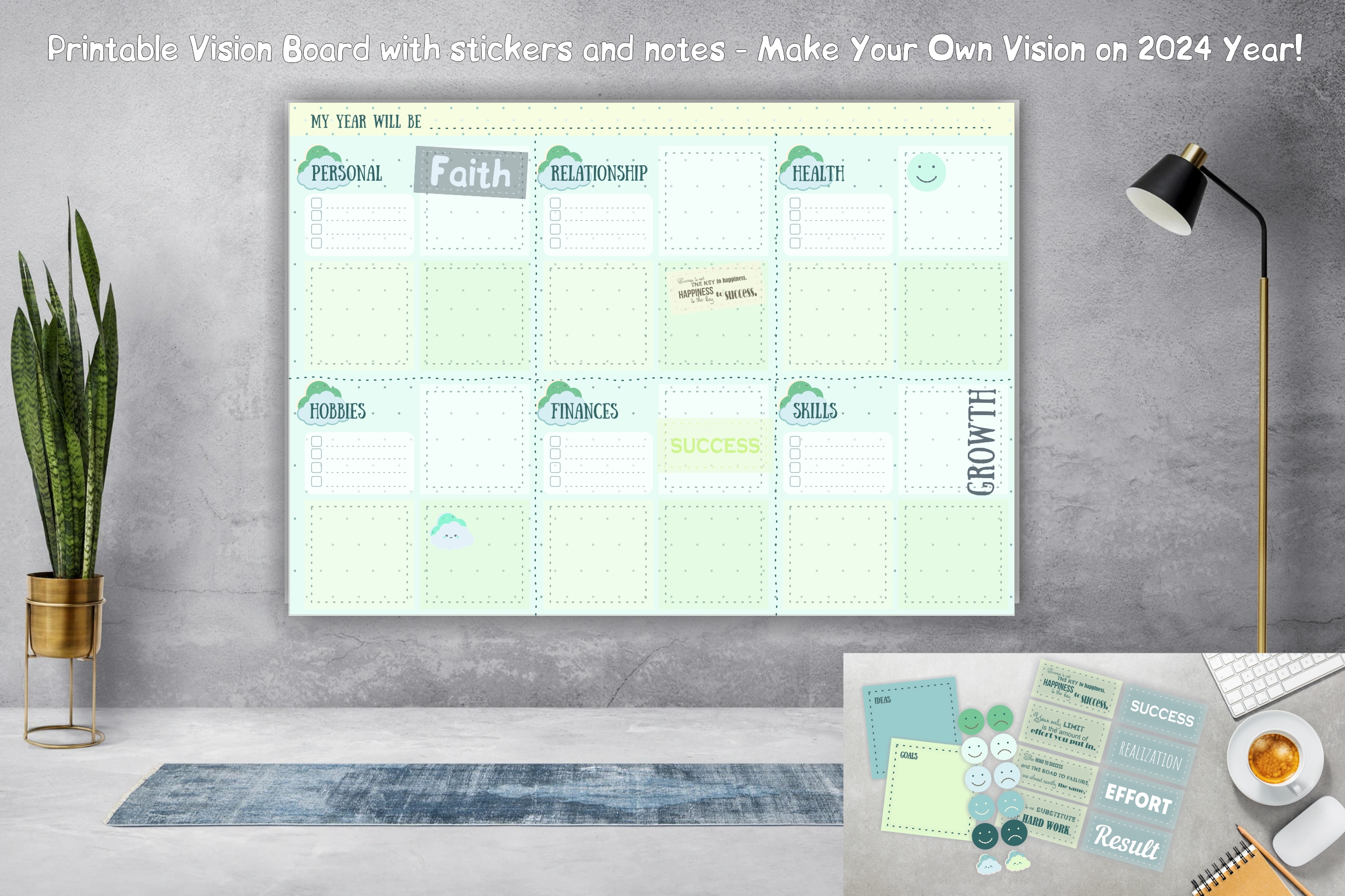 Printable Vision Board with motivation stickers 2024 | Inspire Uplift