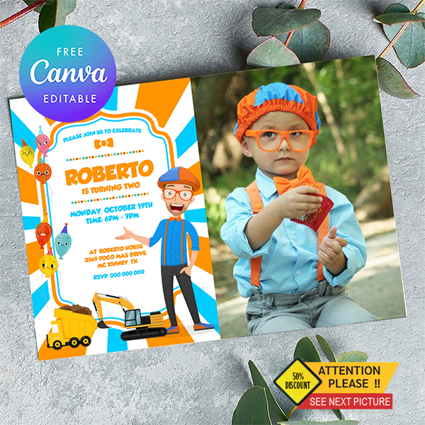 Blippi Birthday Invitation with photo Canva Editable Instant | Inspire ...