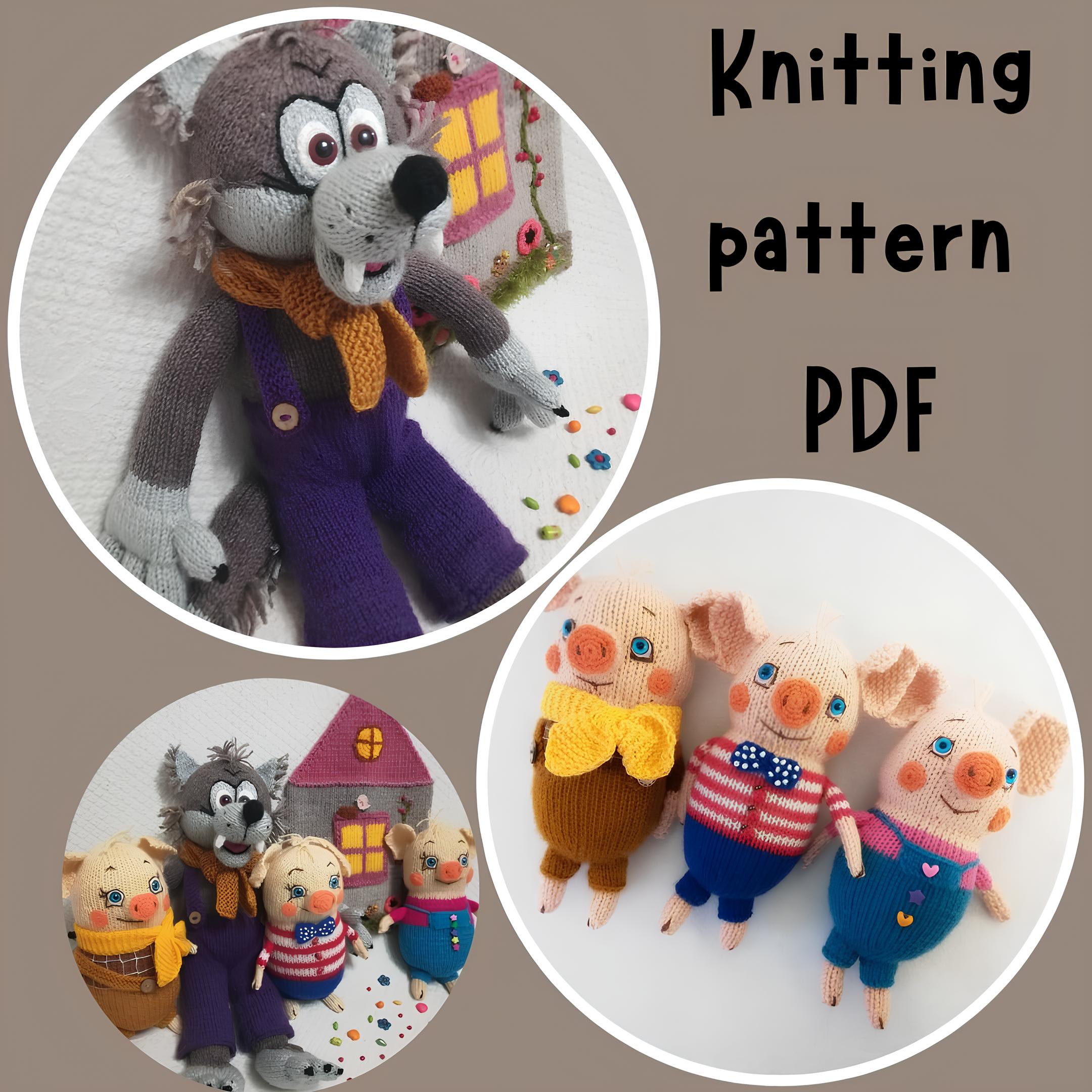 Knit DIY plush wolf and 3 pigs, toy knitting patterns | Inspire Uplift