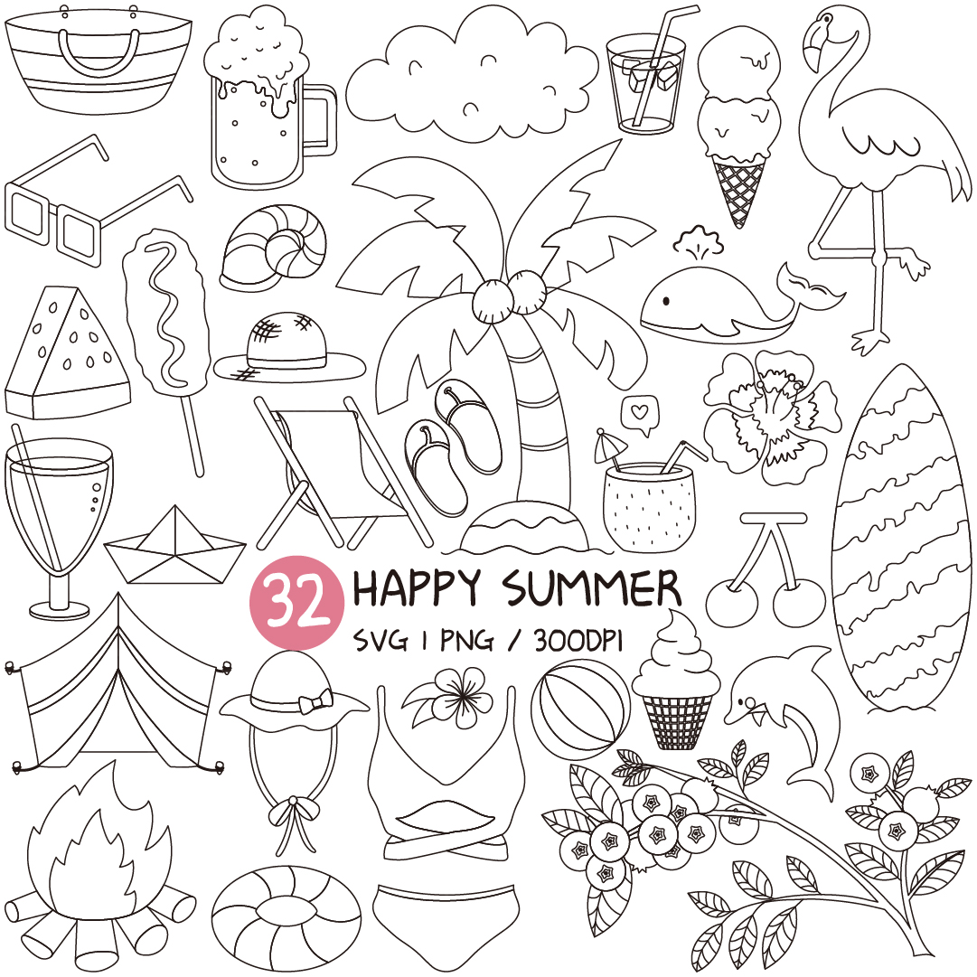 Happy Summer Coloring page | Png Svg Black Line Clipart Book | Inspire ...