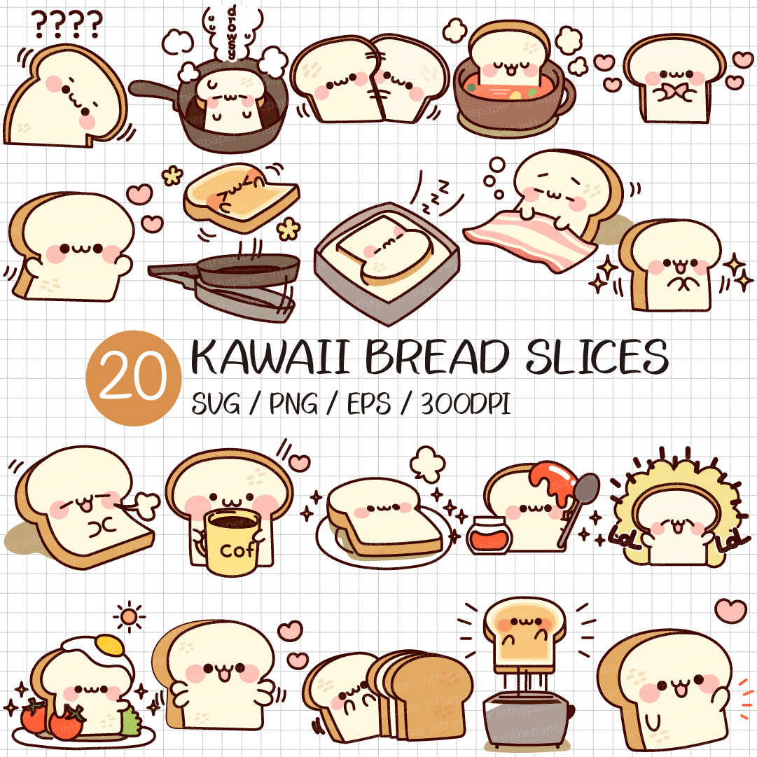 Kawaii Bread Slice PNG Dessert SVG hand drawing clipart cute | Inspire ...