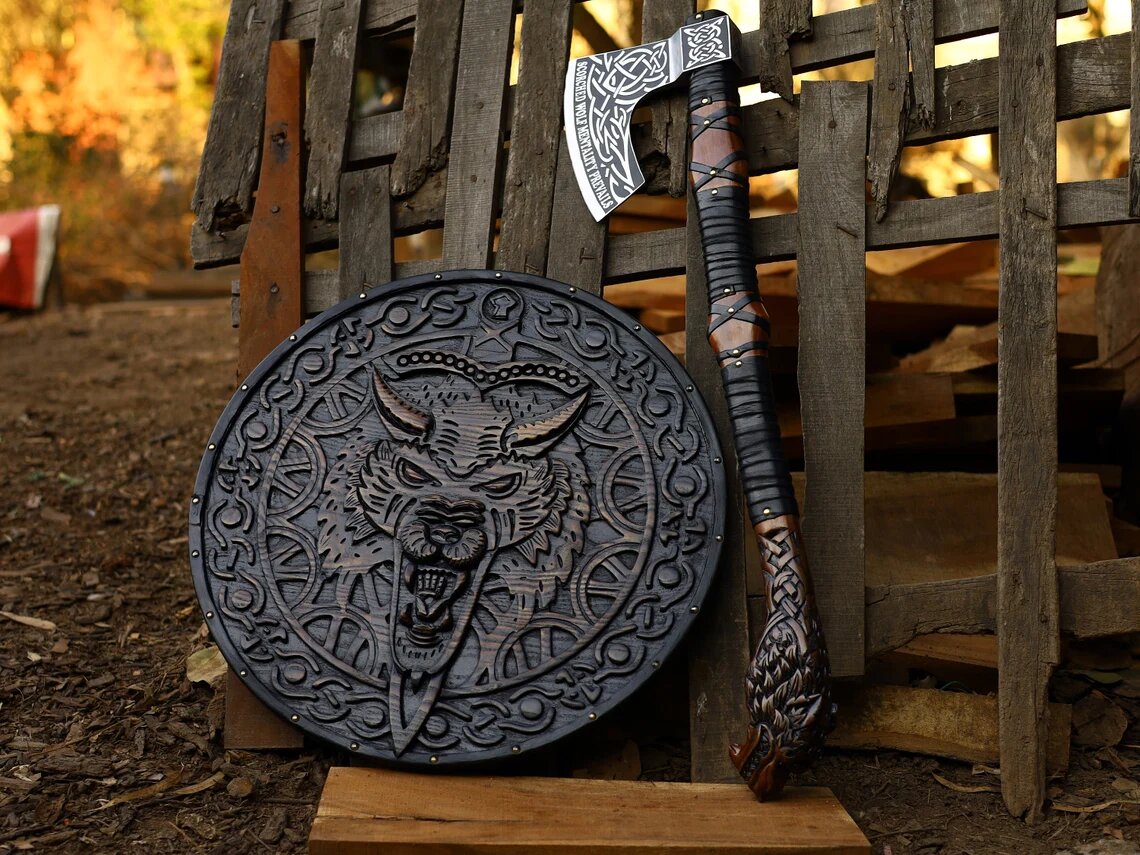 Legendary Norse Wolf head Engraved Axe & Shield Set Hand For | Inspire ...