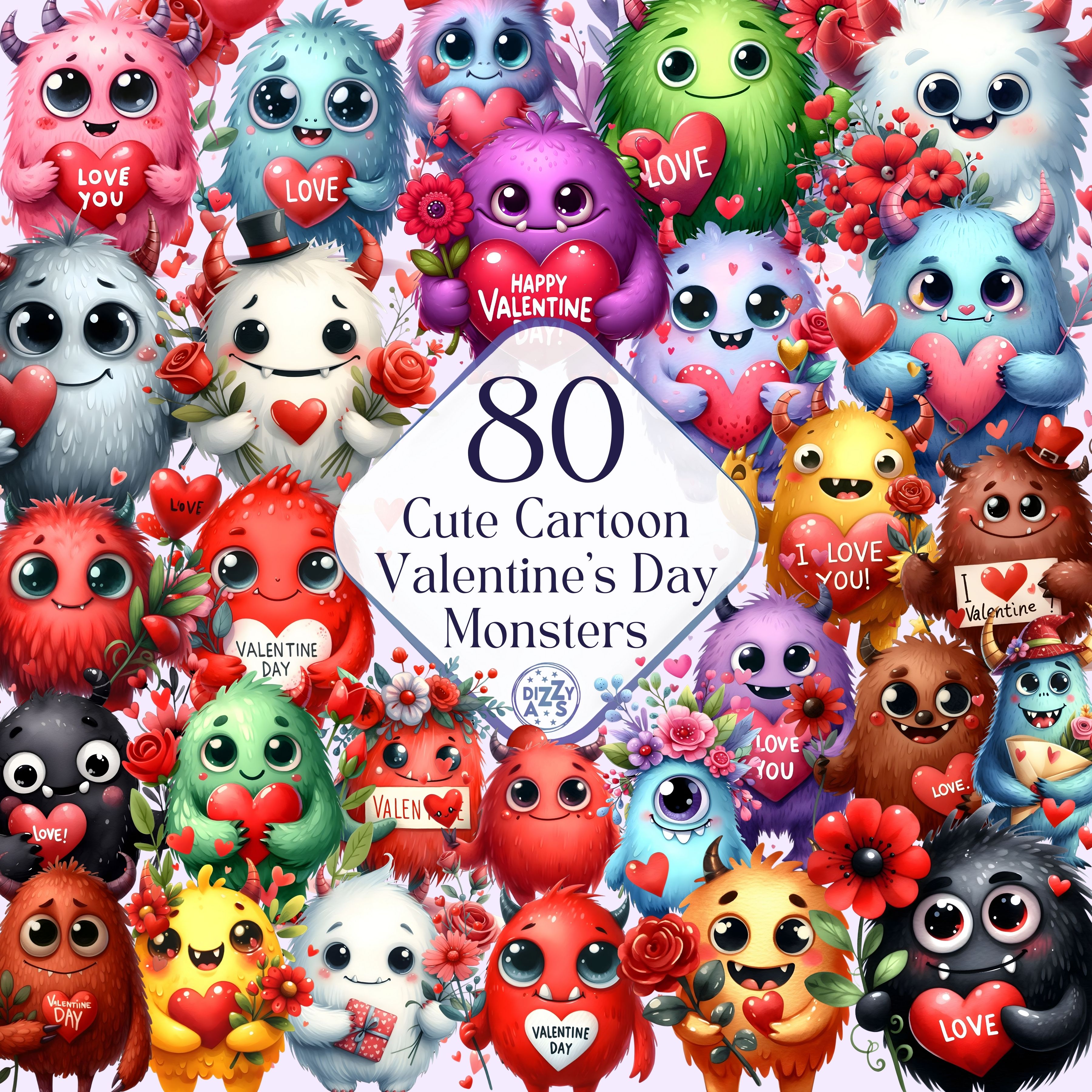 Watercolor Cute Valentine Monsters Clipart Bundle - 80 PNG C | Inspire ...