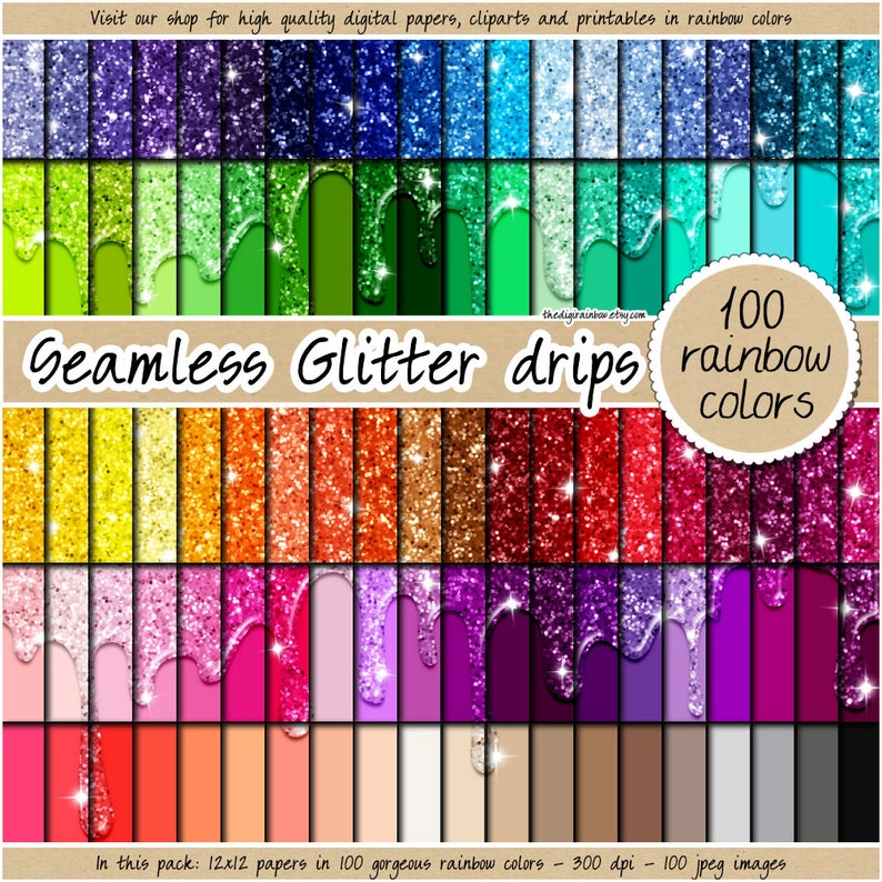 100 seamless glitter drips digital paper rainbow glitter pat | Inspire ...