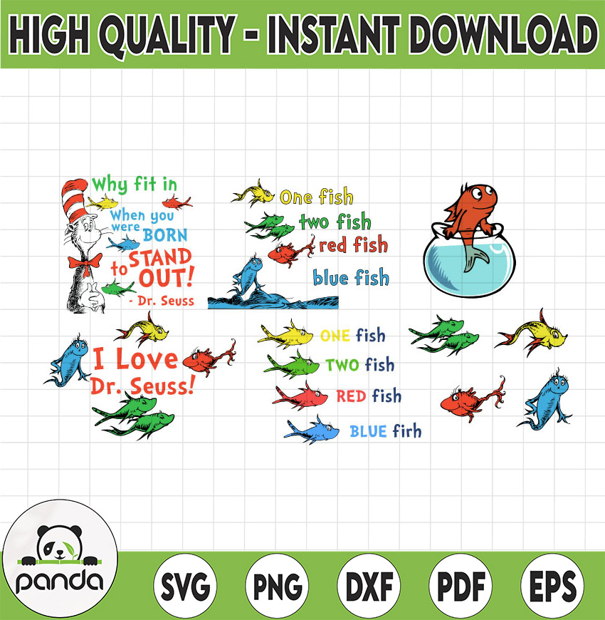 One fish two fish, blue fish red fish, Dr seuss svg, Dr seus | Inspire ...
