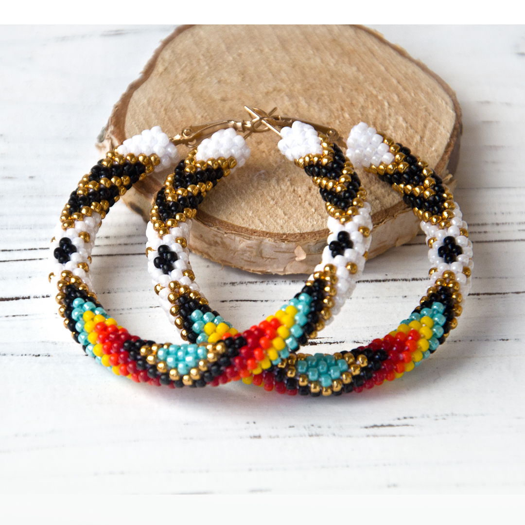 Native America Bead Hoop Earrings 2.2"б, White Hoop Earrings - Inspire ...