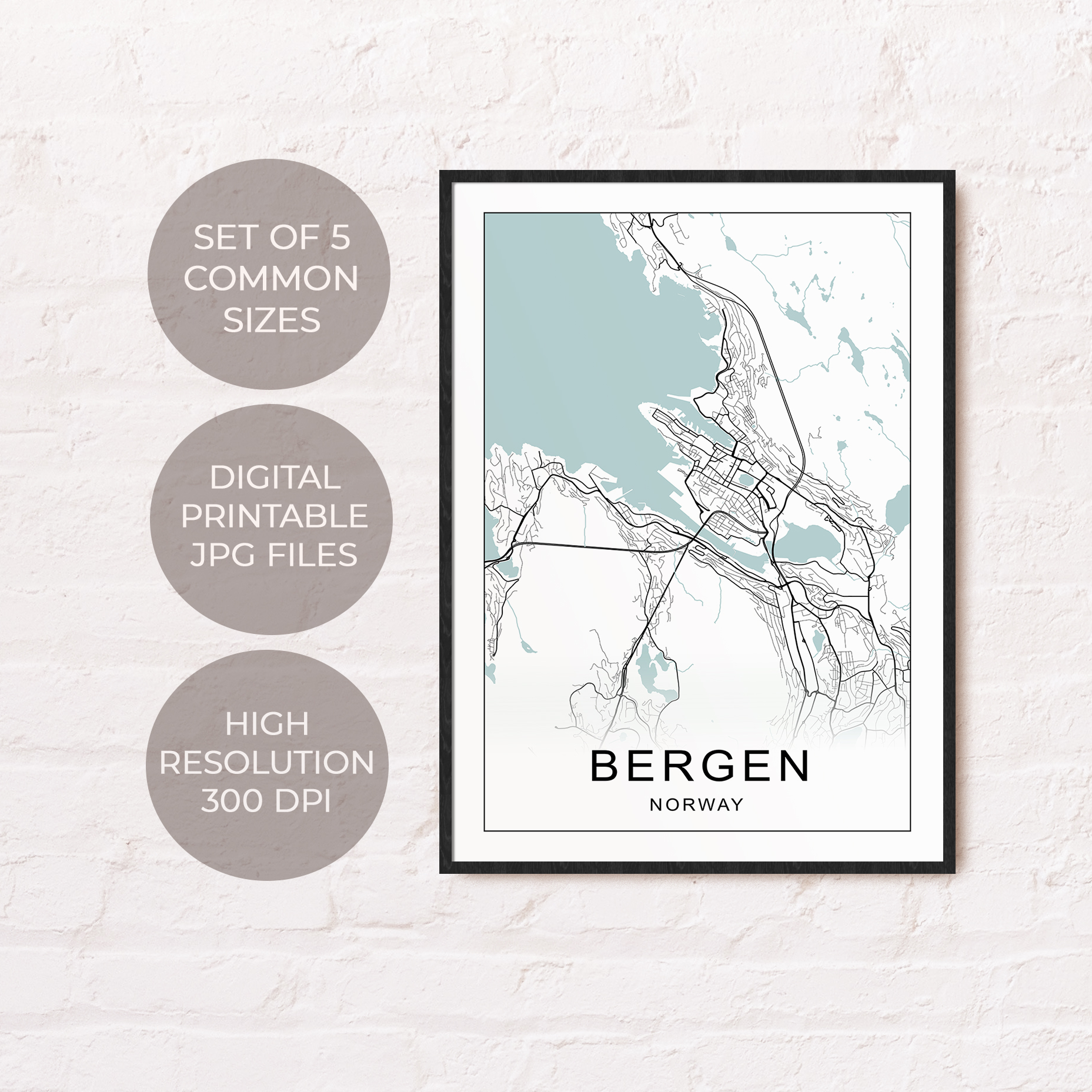 Bergen DIGITAL Map Print | Bergen DIGITAL DOWNLOAD Map - Inspire Uplift