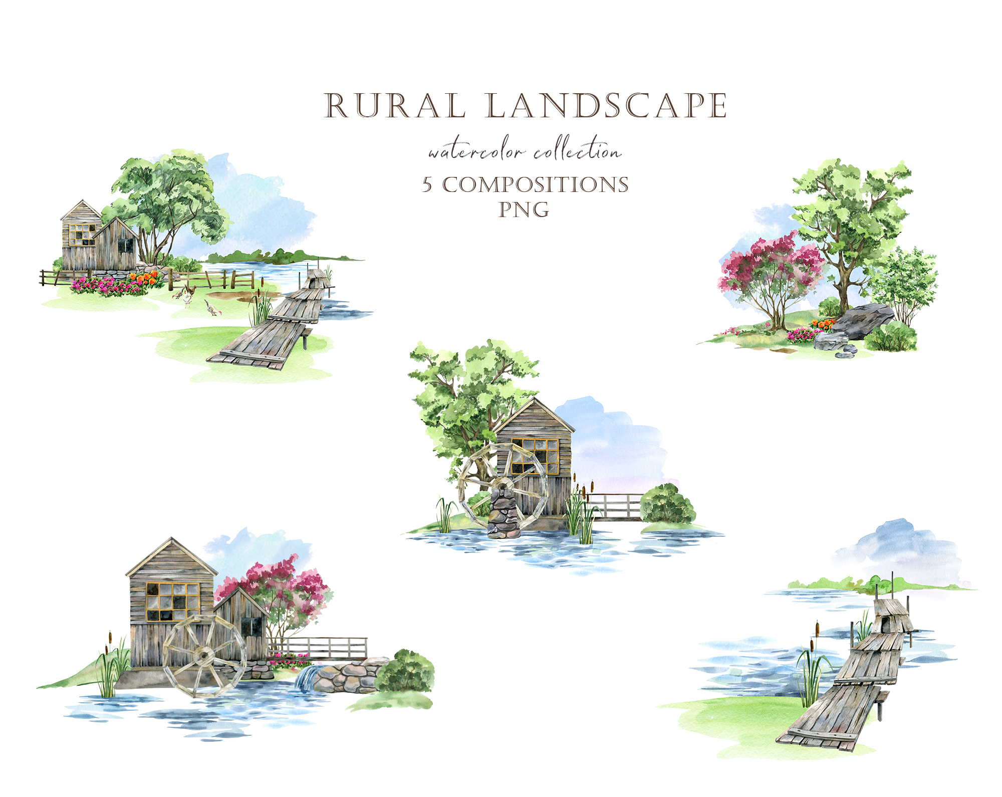 Rural landscape watercolor clipart, Rustic farm clip art - Inspire Uplift