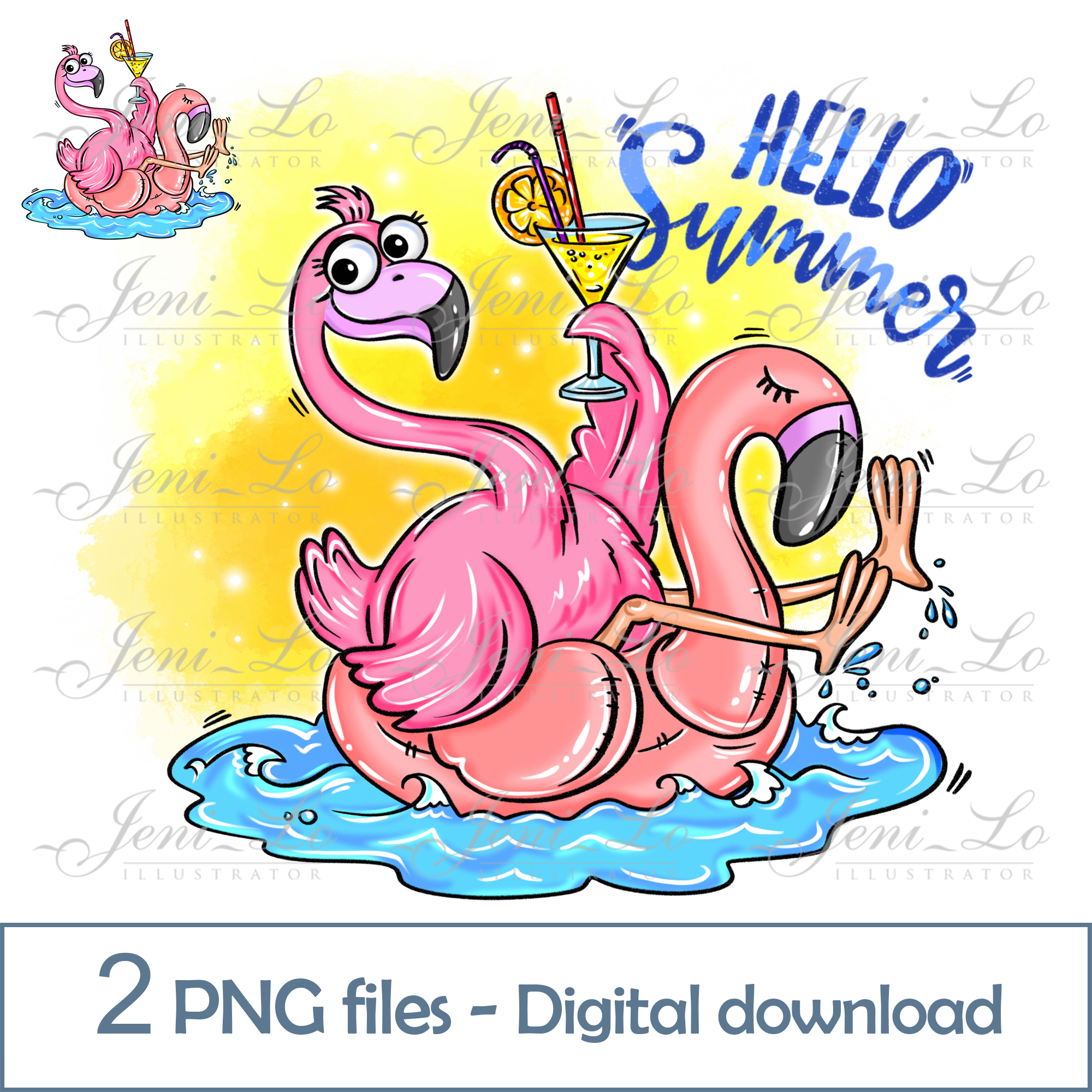 Pink flamingo Hello summer - 2 PNG files - digital design | Inspire Uplift