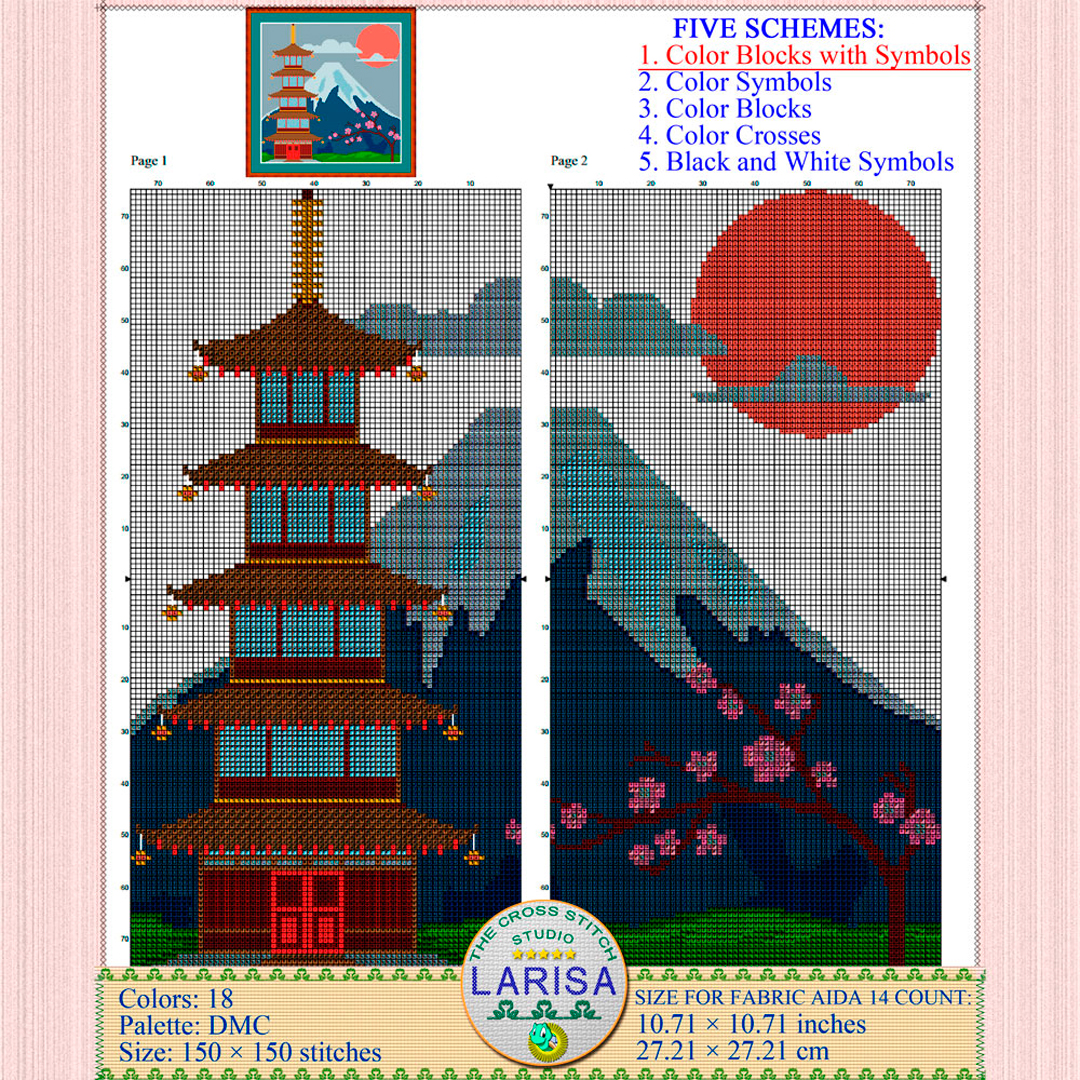 Pagoda Cross Stitch Pattern | Mount Fuji - Inspire Uplift