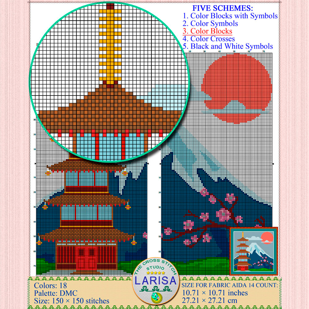 Pagoda Cross Stitch Pattern | Mount Fuji - Inspire Uplift