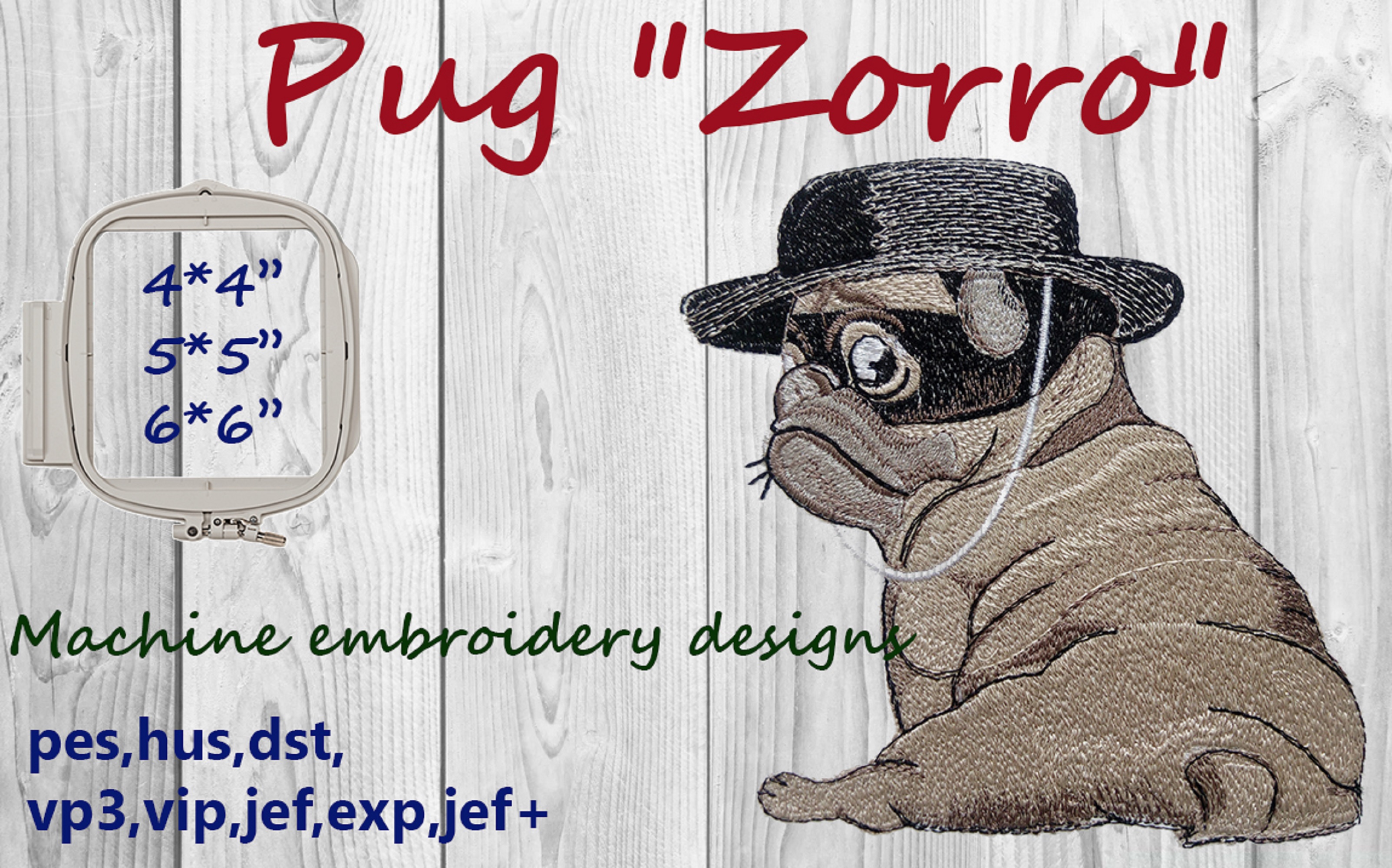 Pug Zorro Machine Embroidery Design DIGITAL 3 sizes - Inspire Uplift