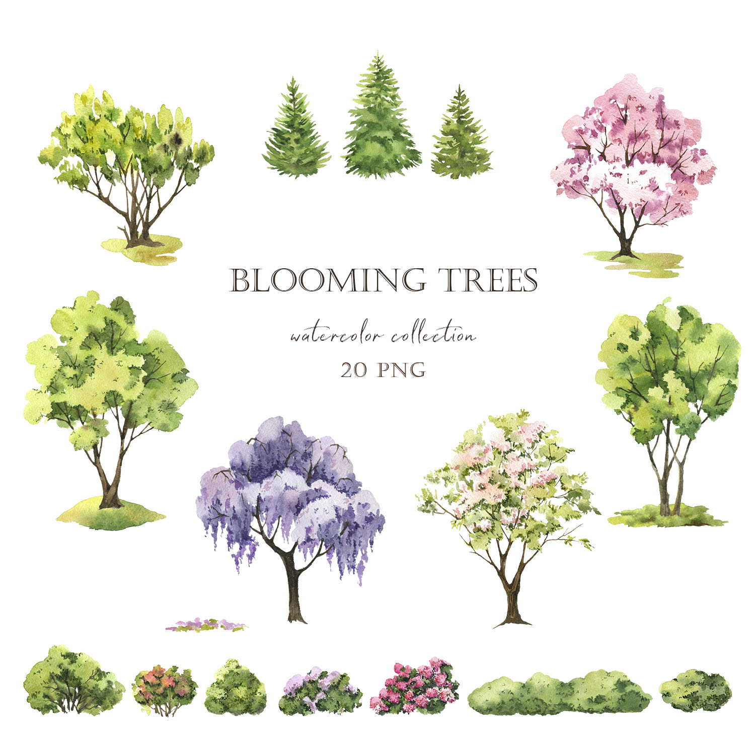 Blooming trees watercolor clipart, Spring Summer nature clip | Inspire ...
