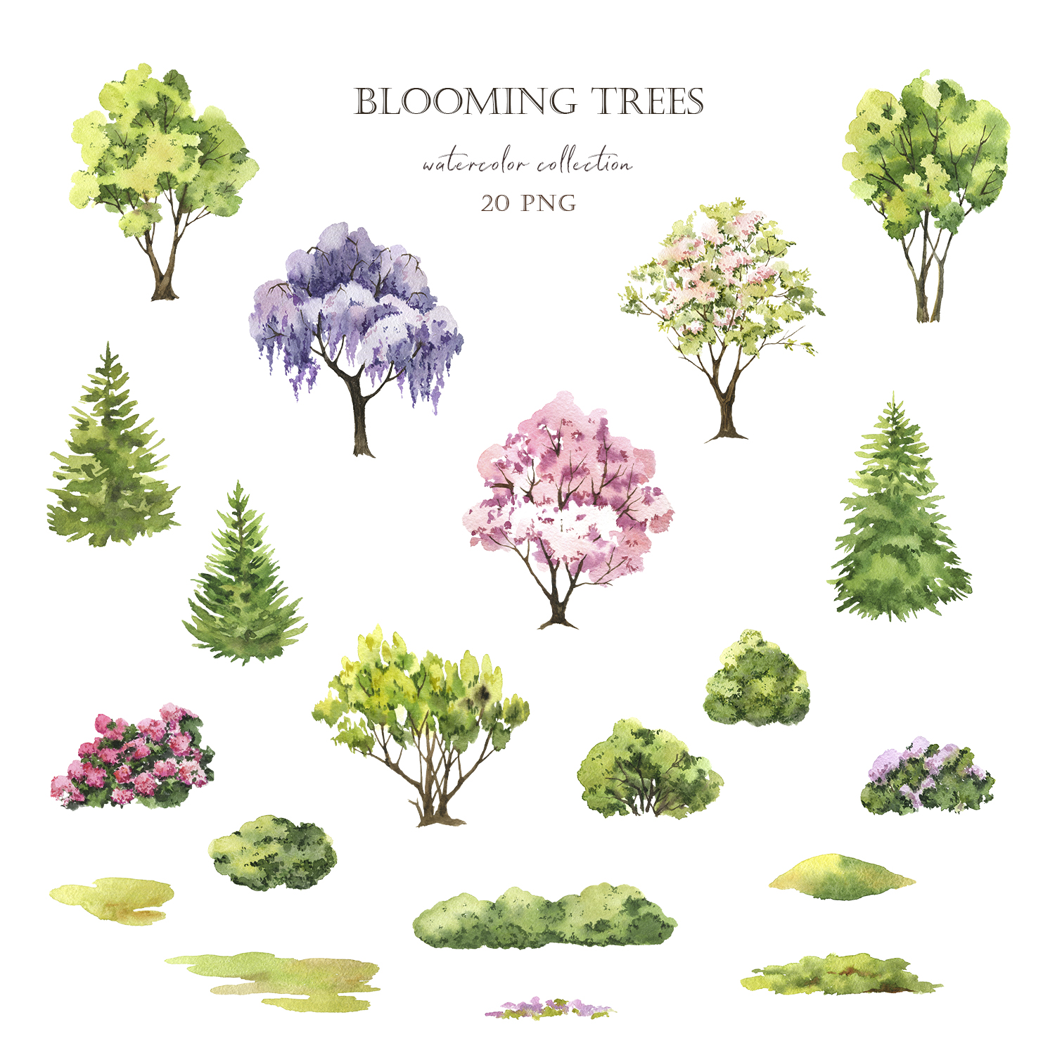 Blooming trees watercolor clipart, Spring Summer nature clip - Inspire ...