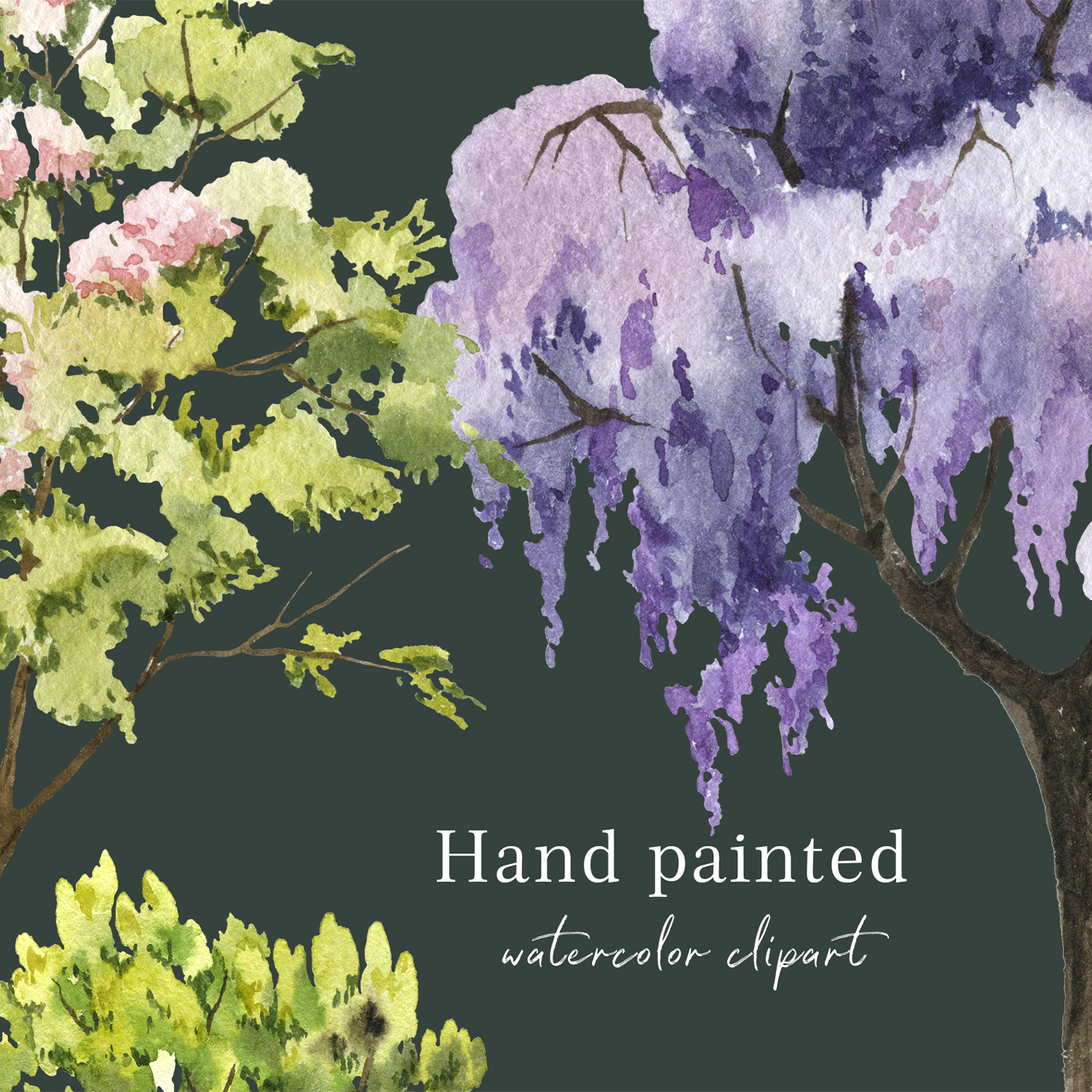 Blooming trees watercolor clipart, Spring Summer nature clip - Inspire ...