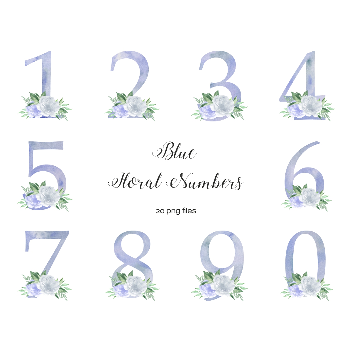 Watercolor floral number 0-9 blue digits with flowers - Inspire Uplift