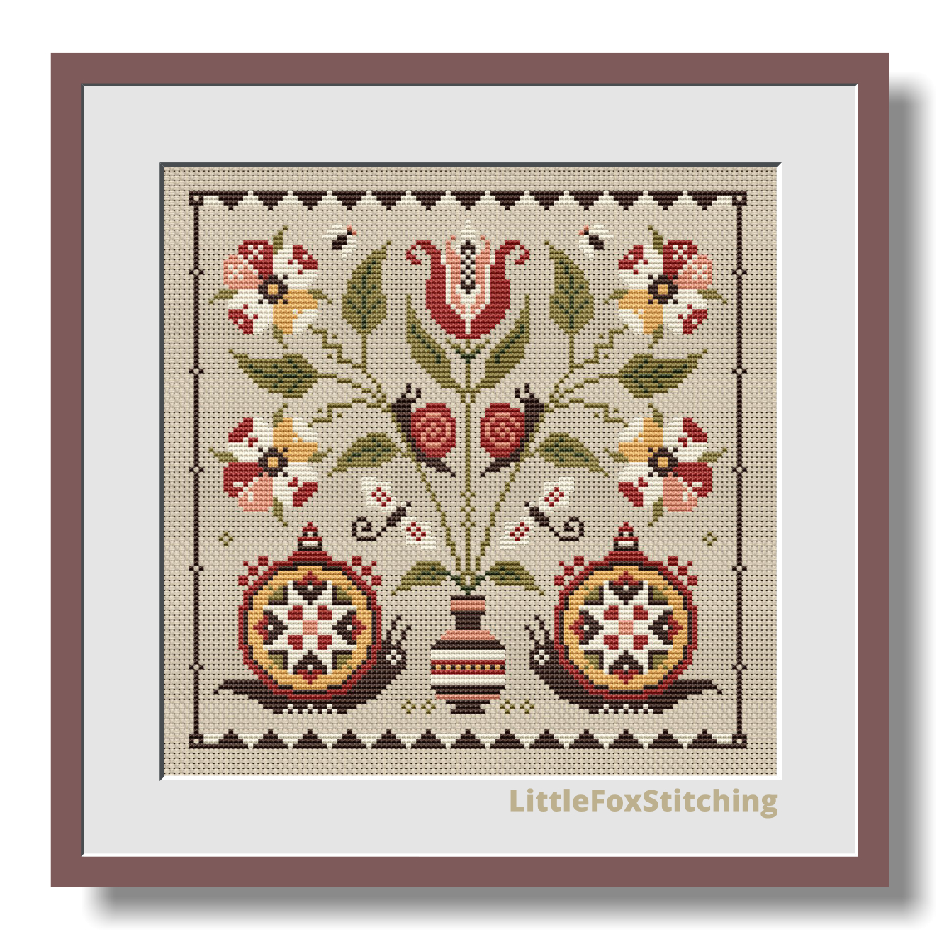 Fraktur Flowers Snails Folk Cross Stitch - Inspire Uplift