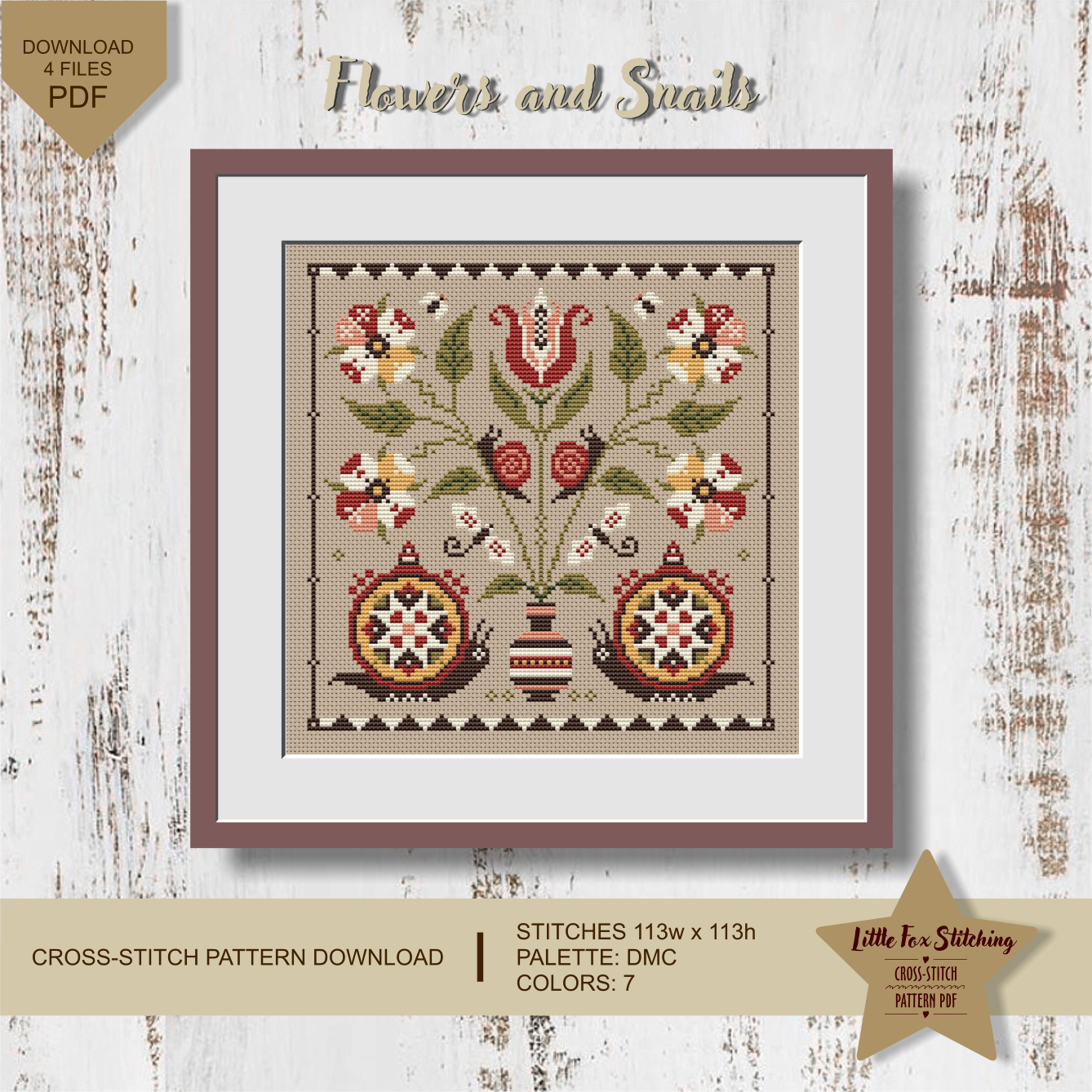 Fraktur Flowers Snails Folk Cross Stitch - Inspire Uplift