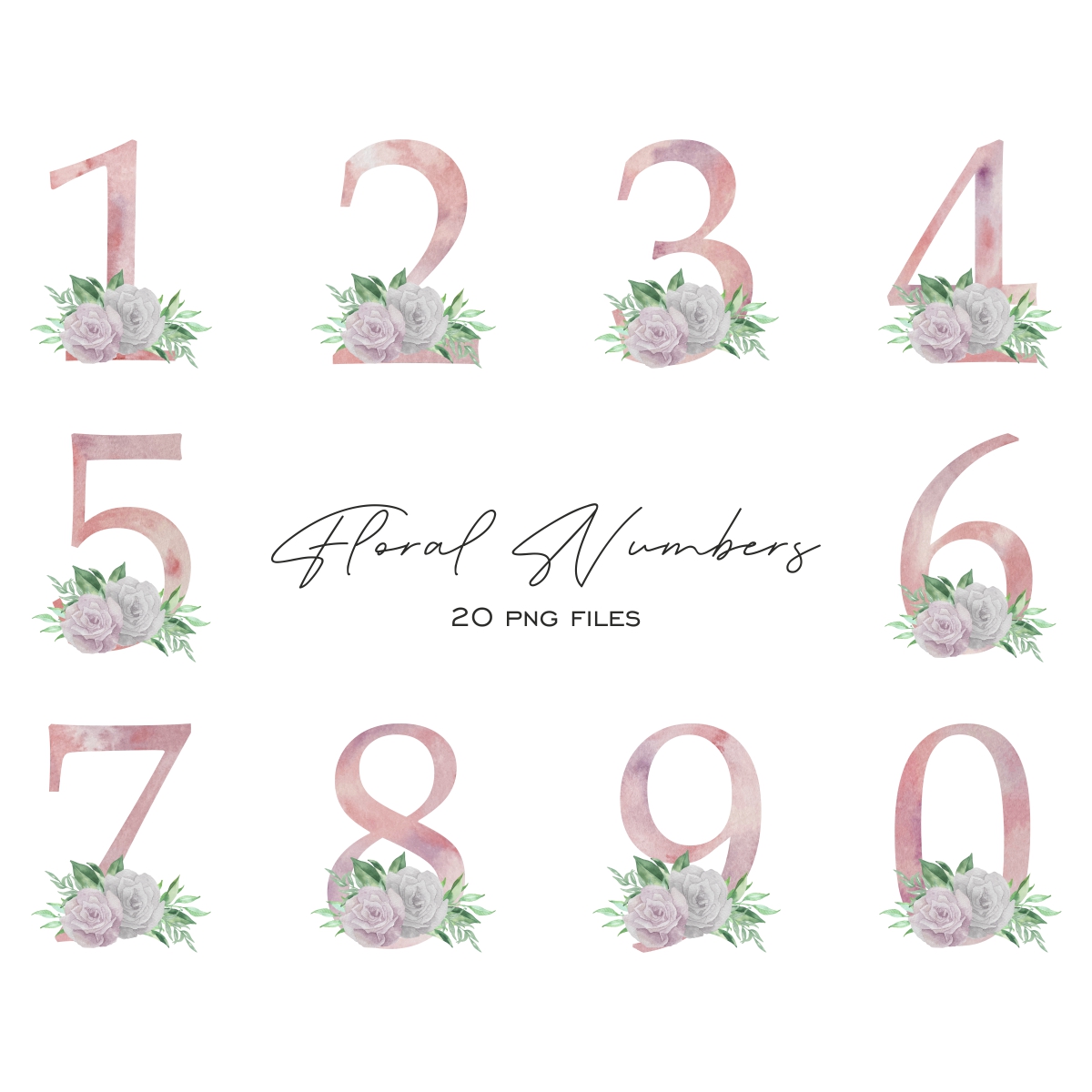 Watercolor floral number 0-9 pink digits with flowers | Inspire Uplift