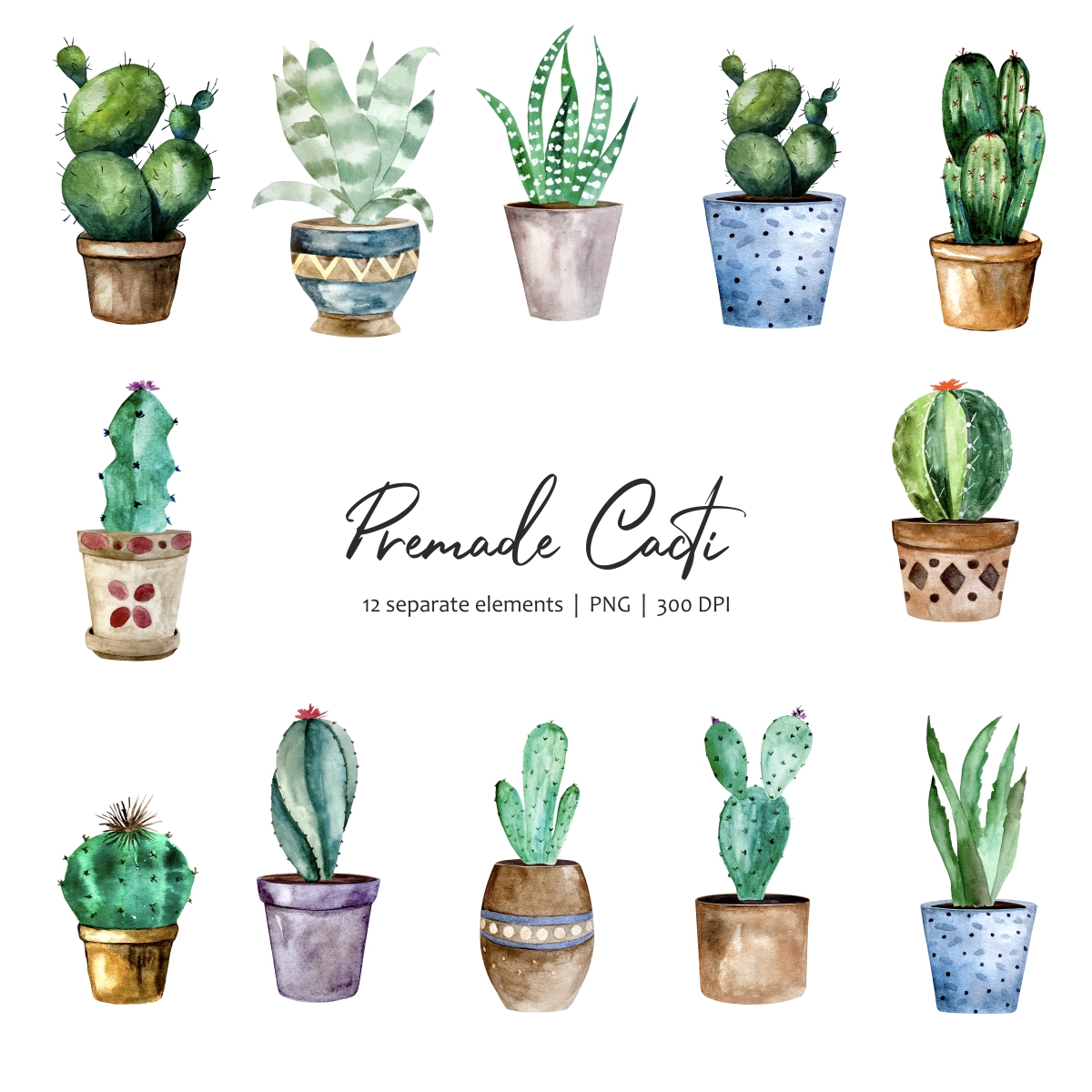Watercolor cactus clipart, PNG cacti succulents in pots - Inspire Uplift