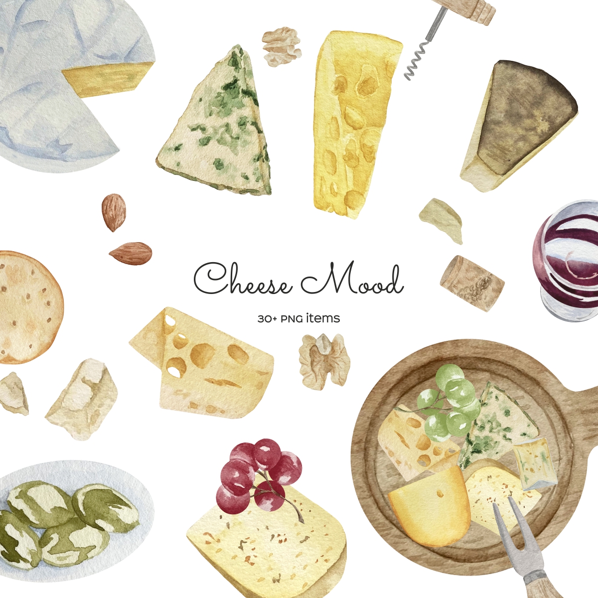 Wine and cheese watercolor clipart, cheese board PNG - Inspire Uplift