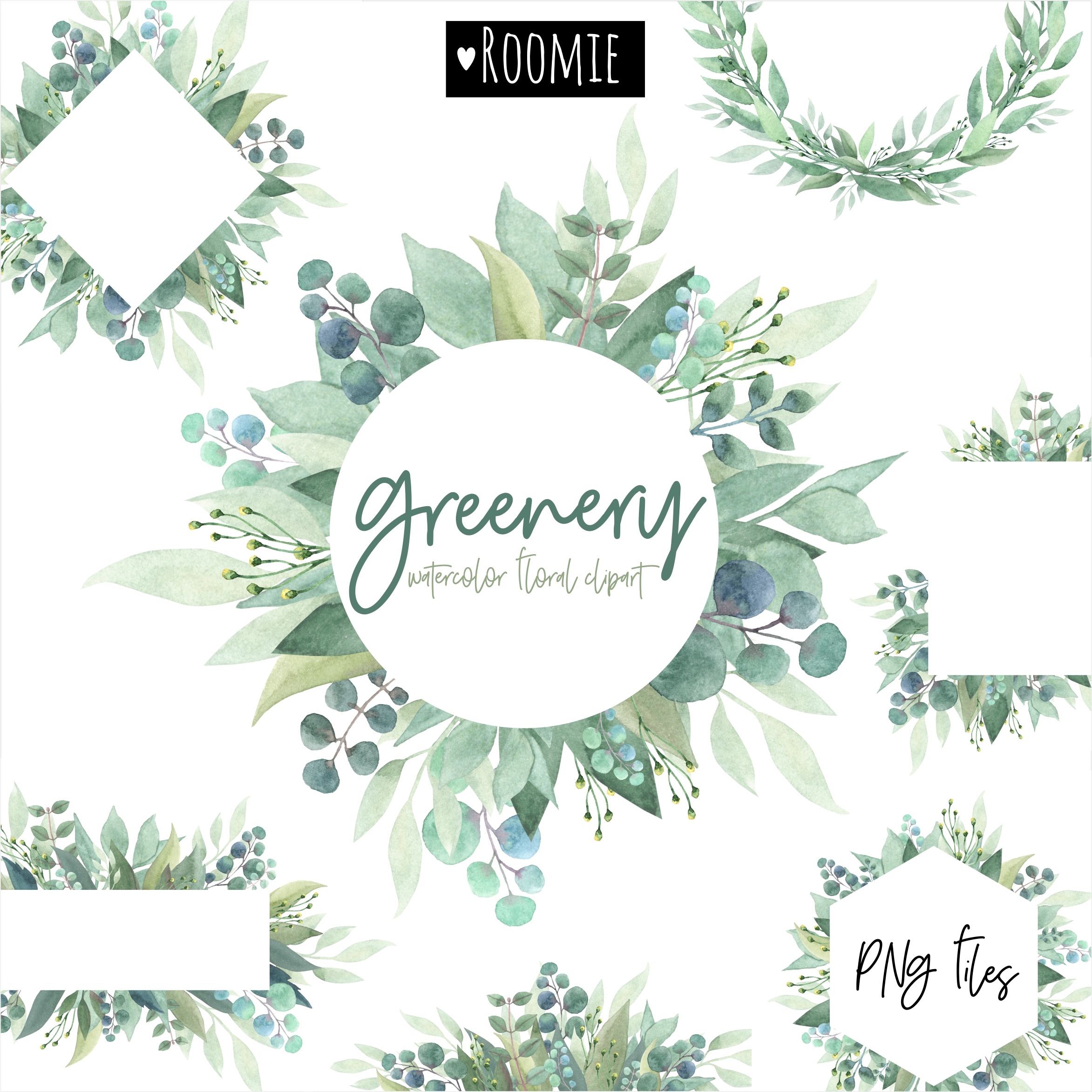 Greenery Wreaths Watercolor Floral Clipart Green Leaves Wrea - Inspire ...