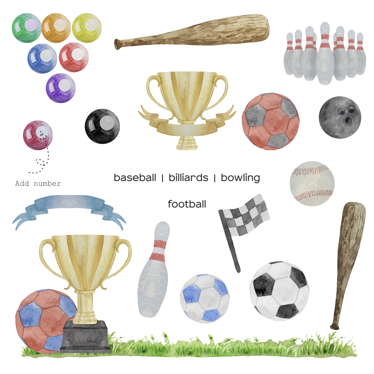 Watercolor Sport Clipart, Football Baseball Equipment - Inspire Uplift