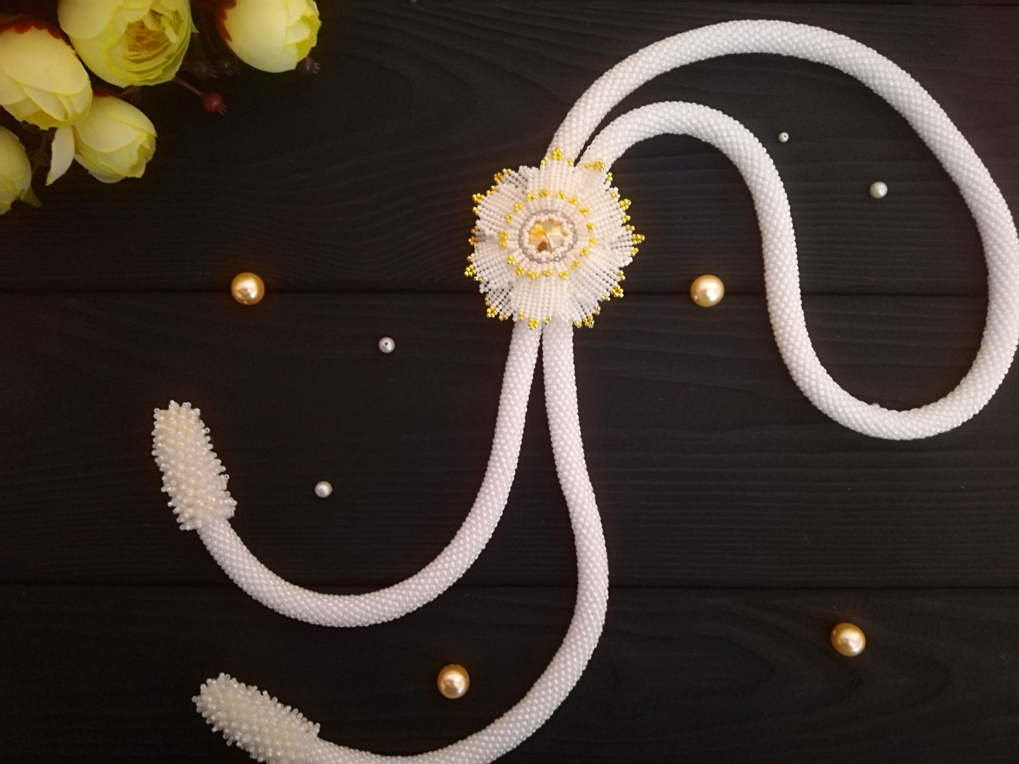 Long necklace beaded , white beautiful flower necklace, whit - Inspire ...