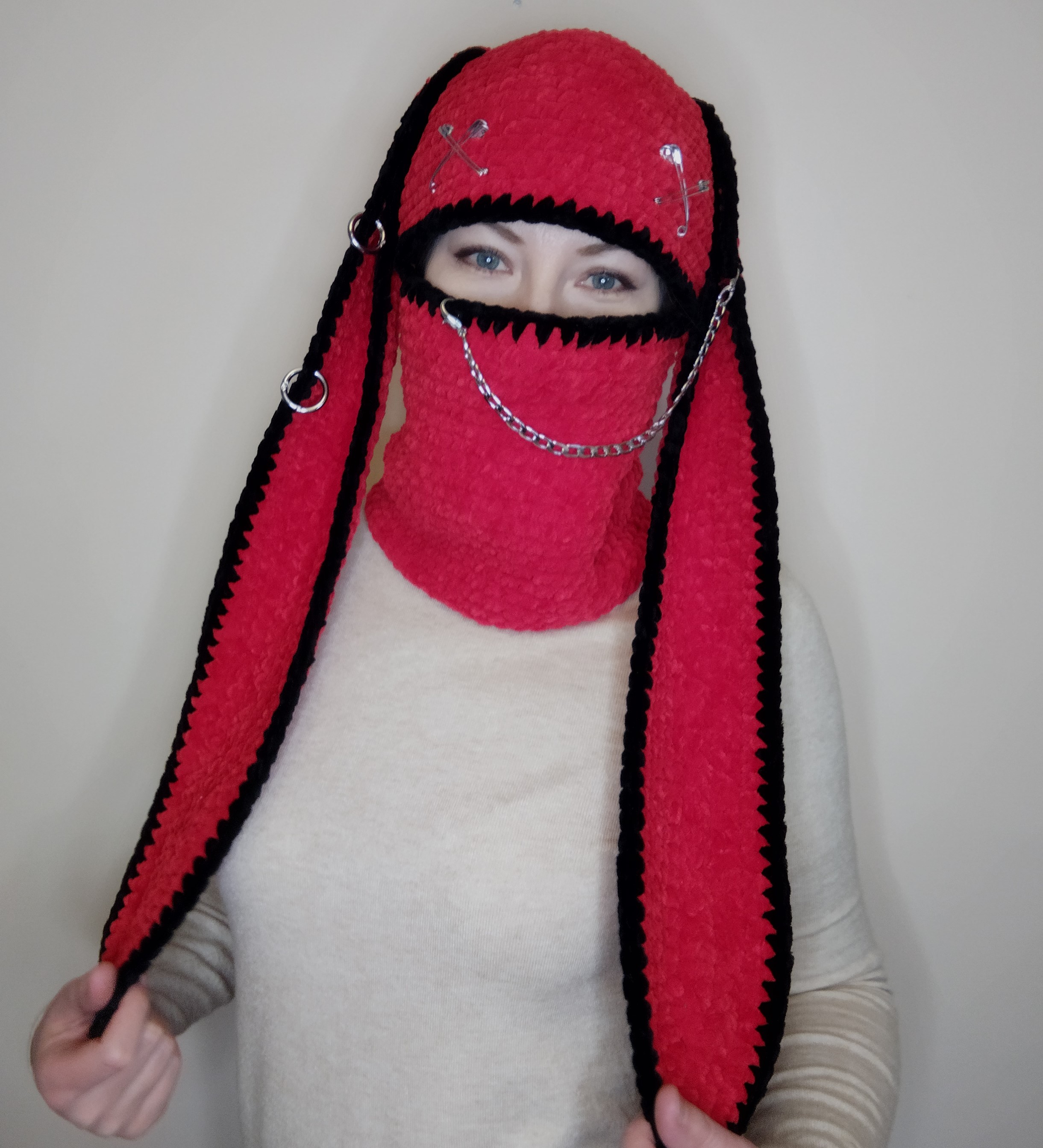 Goth bunny balaclava with ears 24". Red black goth bunny hat - Inspire ...