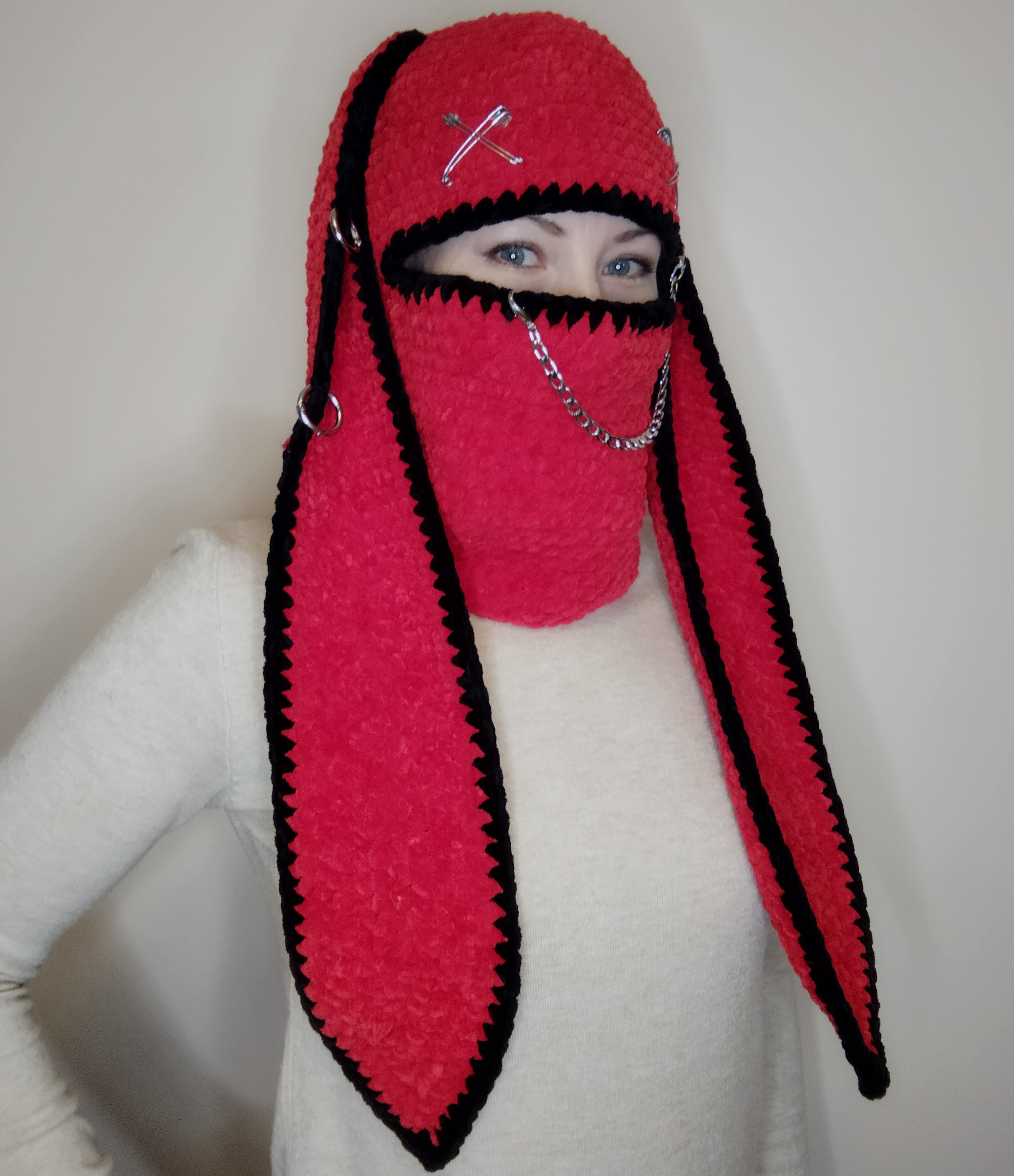 Goth bunny balaclava with ears 24". Red black goth bunny hat - Inspire ...